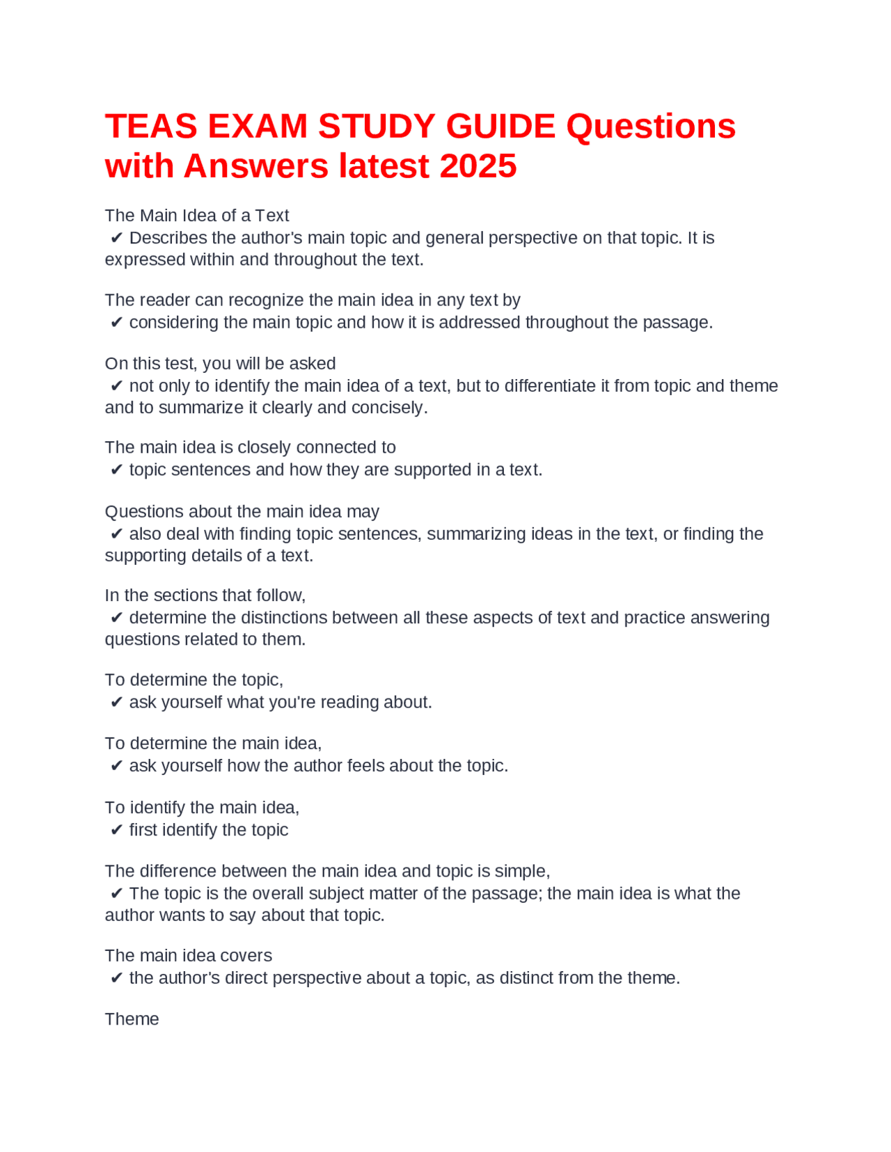 TEAS EXAM STUDY GUIDE Questions with Answers latest 2025 | Exams ...