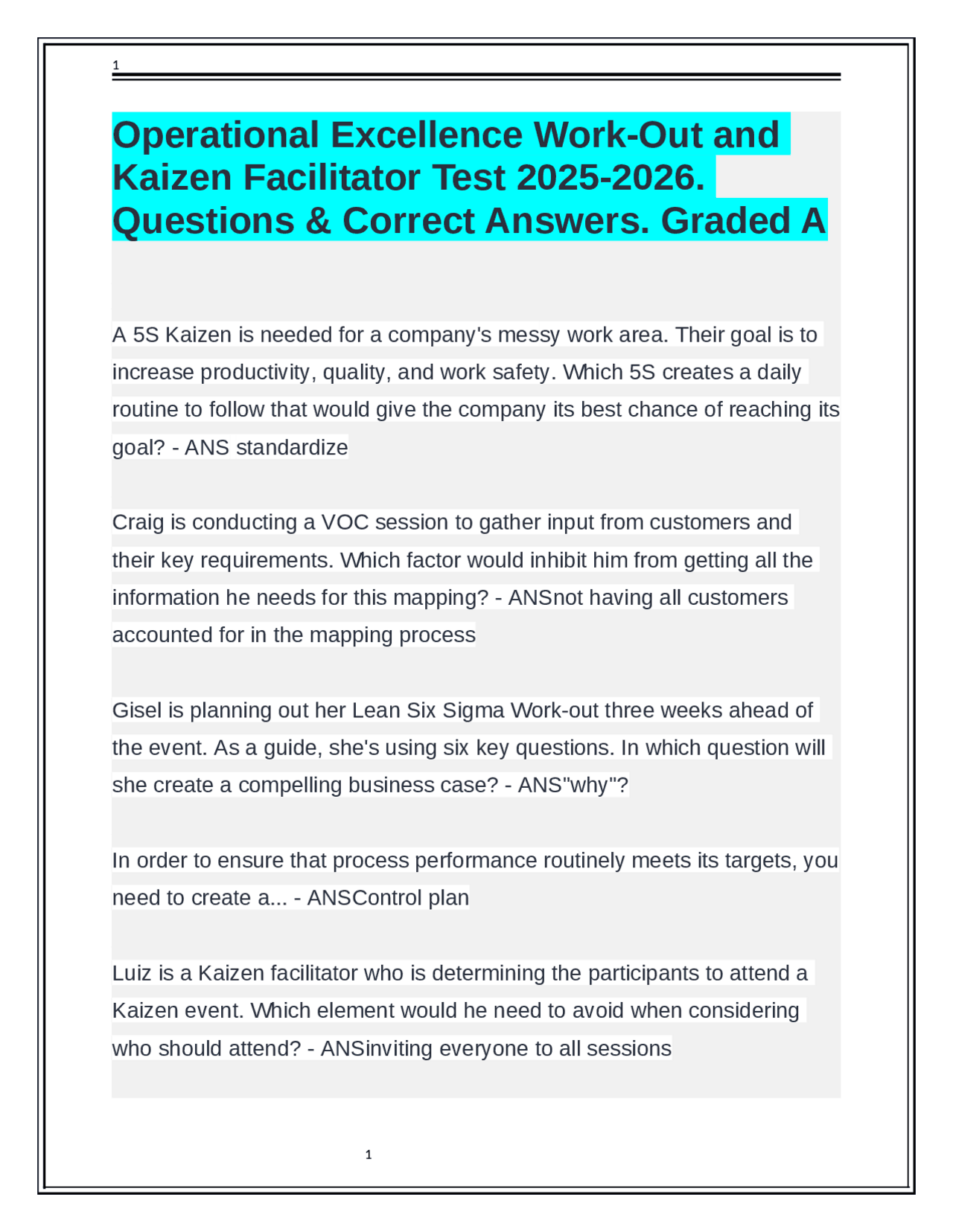 Operational Excellence Work-Out and Kaizen Facilitator Test 2025-2026 ...