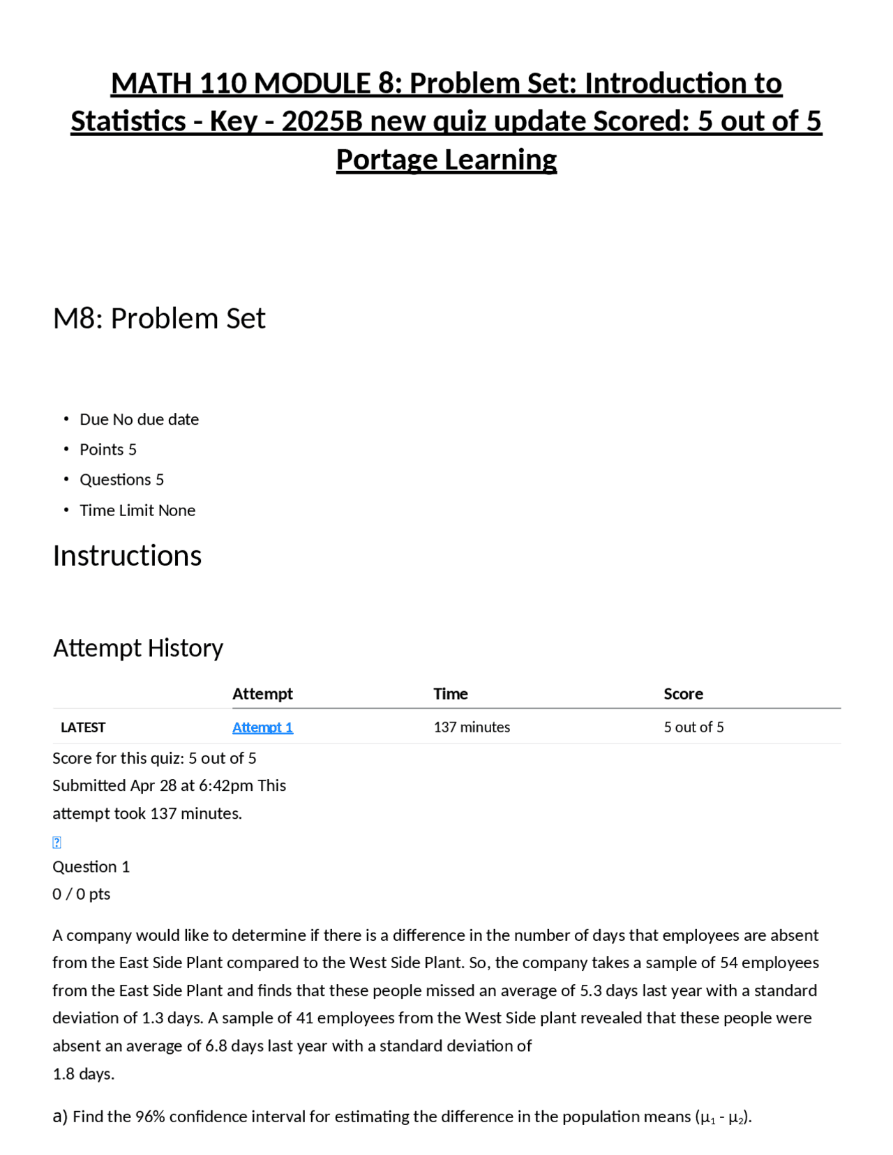 MATH 110 MODULE 8 Problem Set Introduction to Statistics - Key - 2025B ...