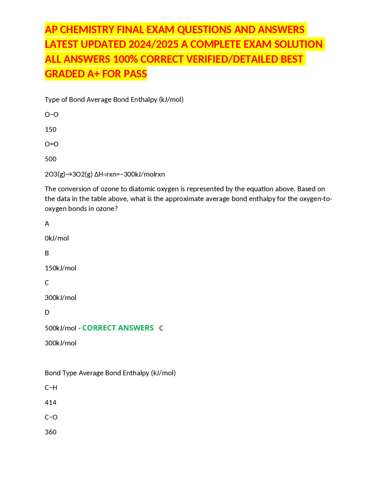 AP CHEMISTRY FINAL EXAM QUESTIONS AND ANSWERS LATEST UPDATED 2024/2025 ...