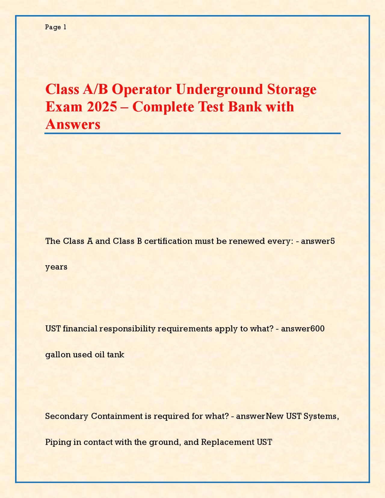 Class A/B Operator Underground Storage Exam 2025 – Complete Test Bank ...