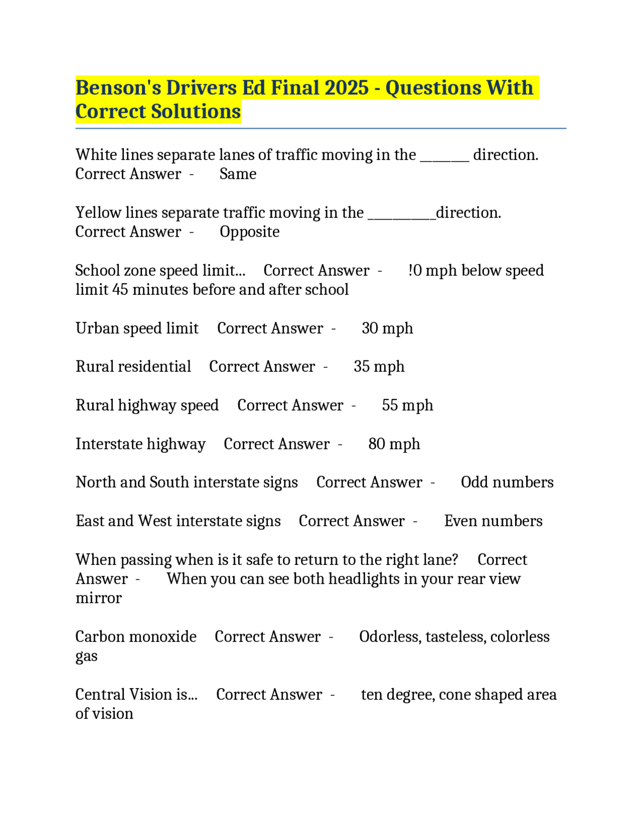 Benson's Drivers Ed Final 2025 - Questions With Correct Solutions ...