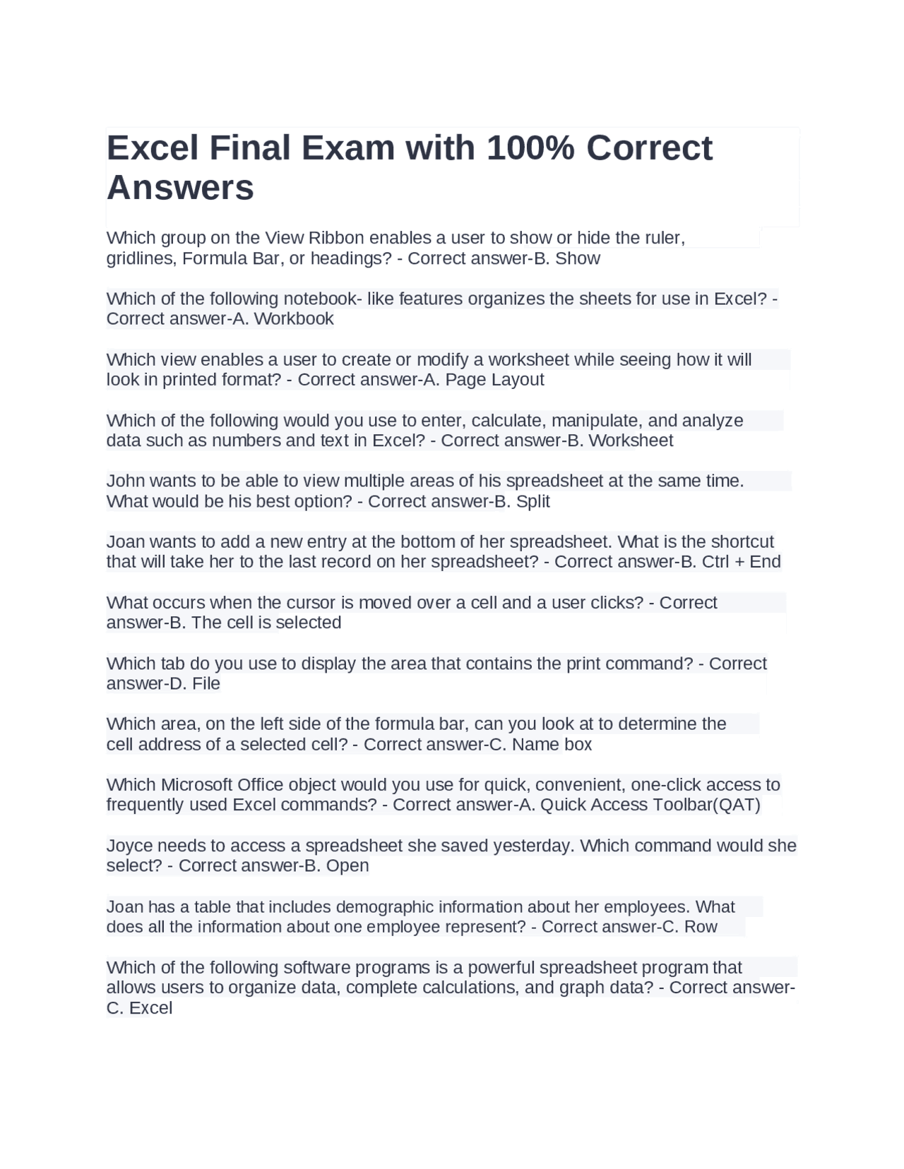 Excel Final Exam with 100% Correct Answers | Exams Nursing | Docsity