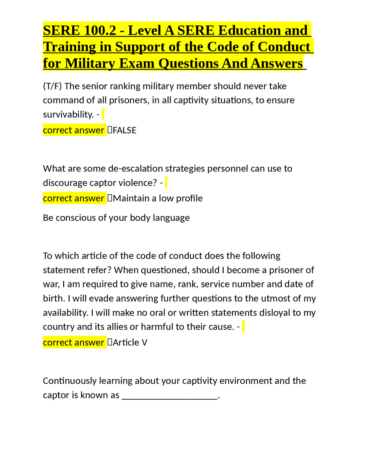 SERE 100.2 - Level A SERE Education and Training in Support of the Code ...