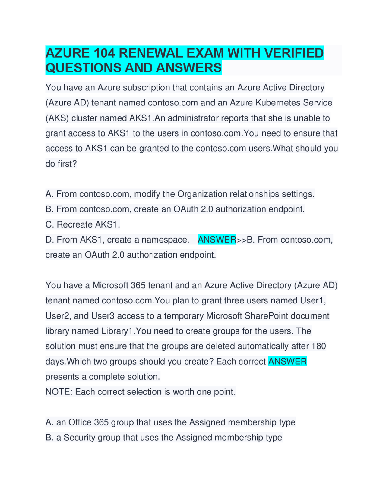 AZURE 104 RENEWAL EXAM WITH VERIFIED QUESTIONS AND ANSWERS | Exams ...