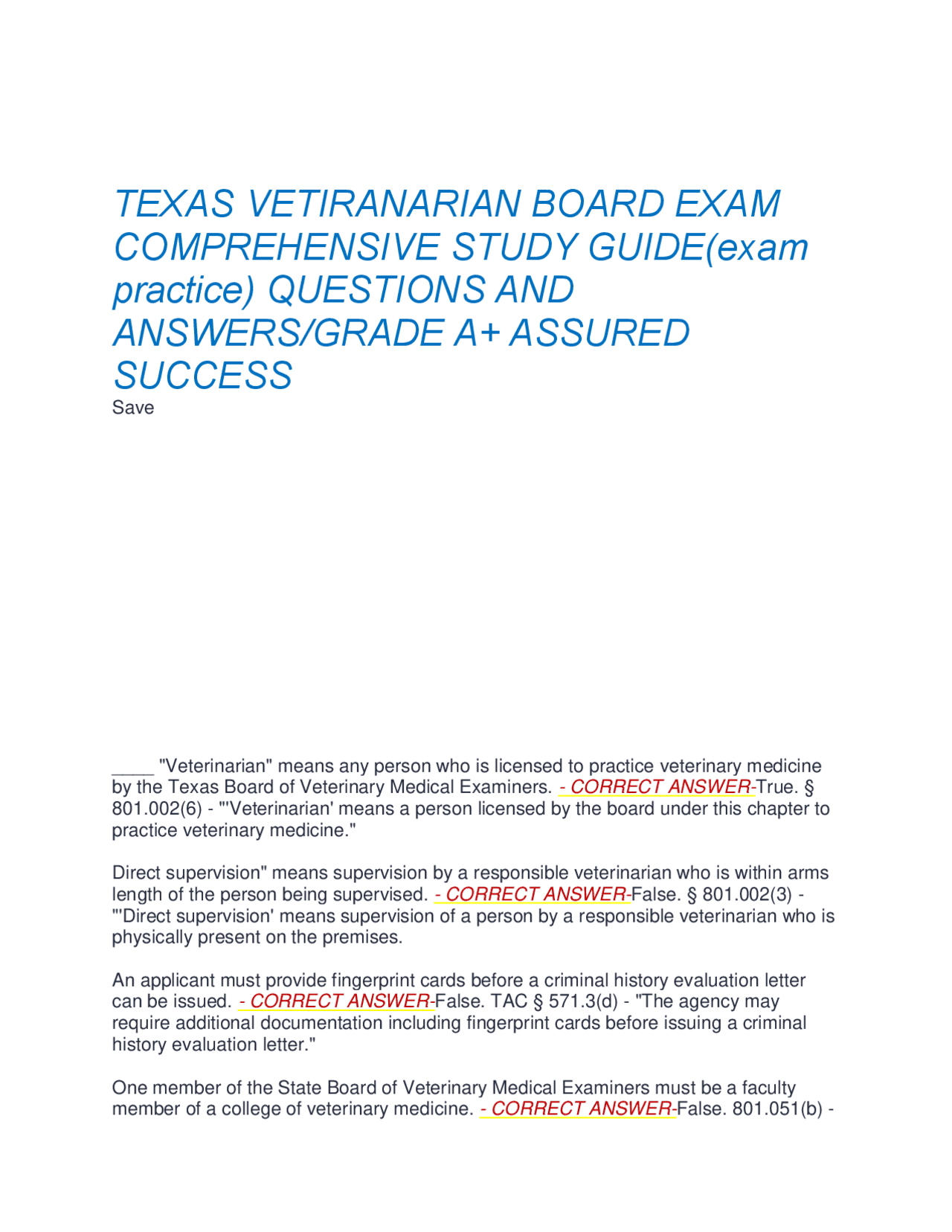 Texas Veterinarian Board Exam: Comprehensive Study Guide Questions and ...