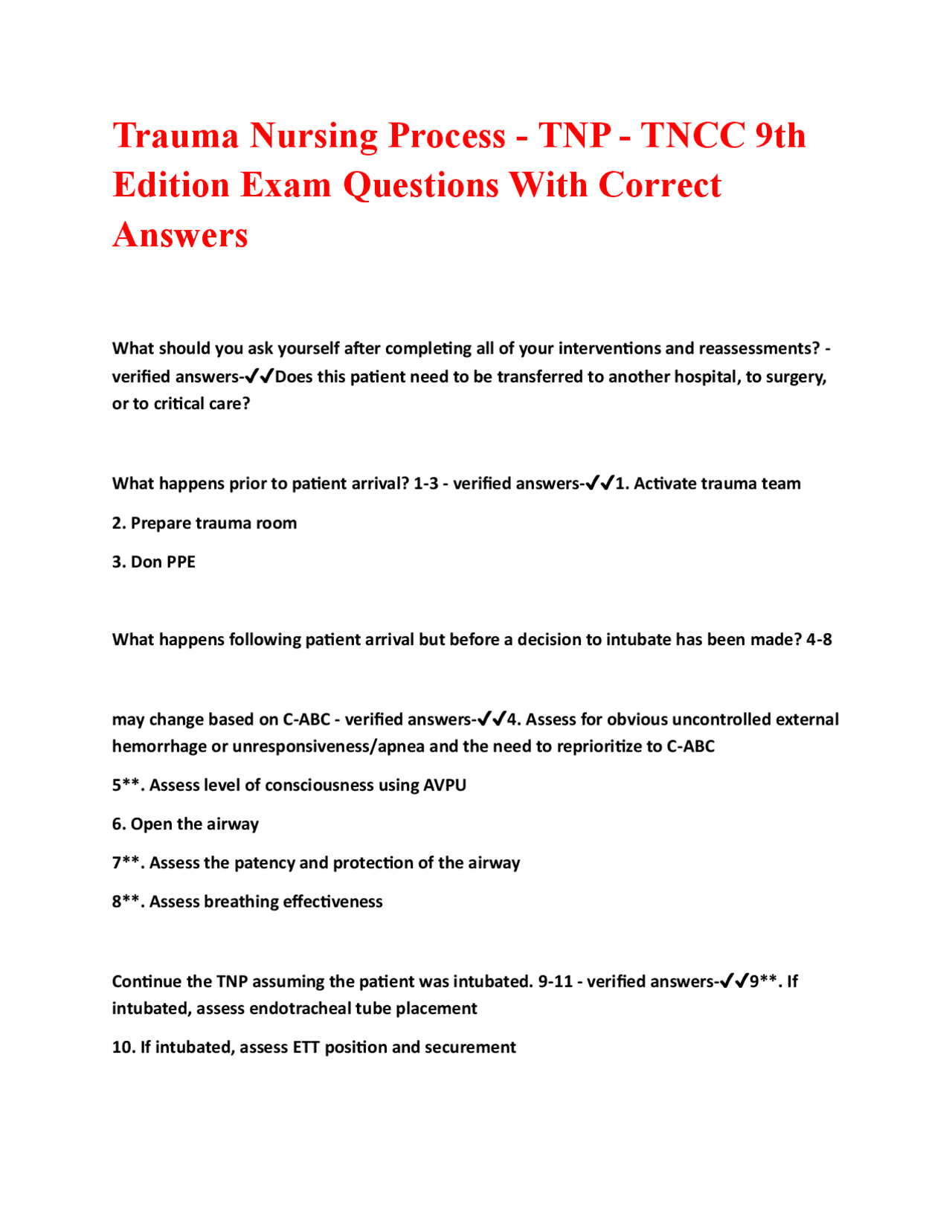 Trauma Nursing Process (TNP) Exam Questions and Answers: A ...