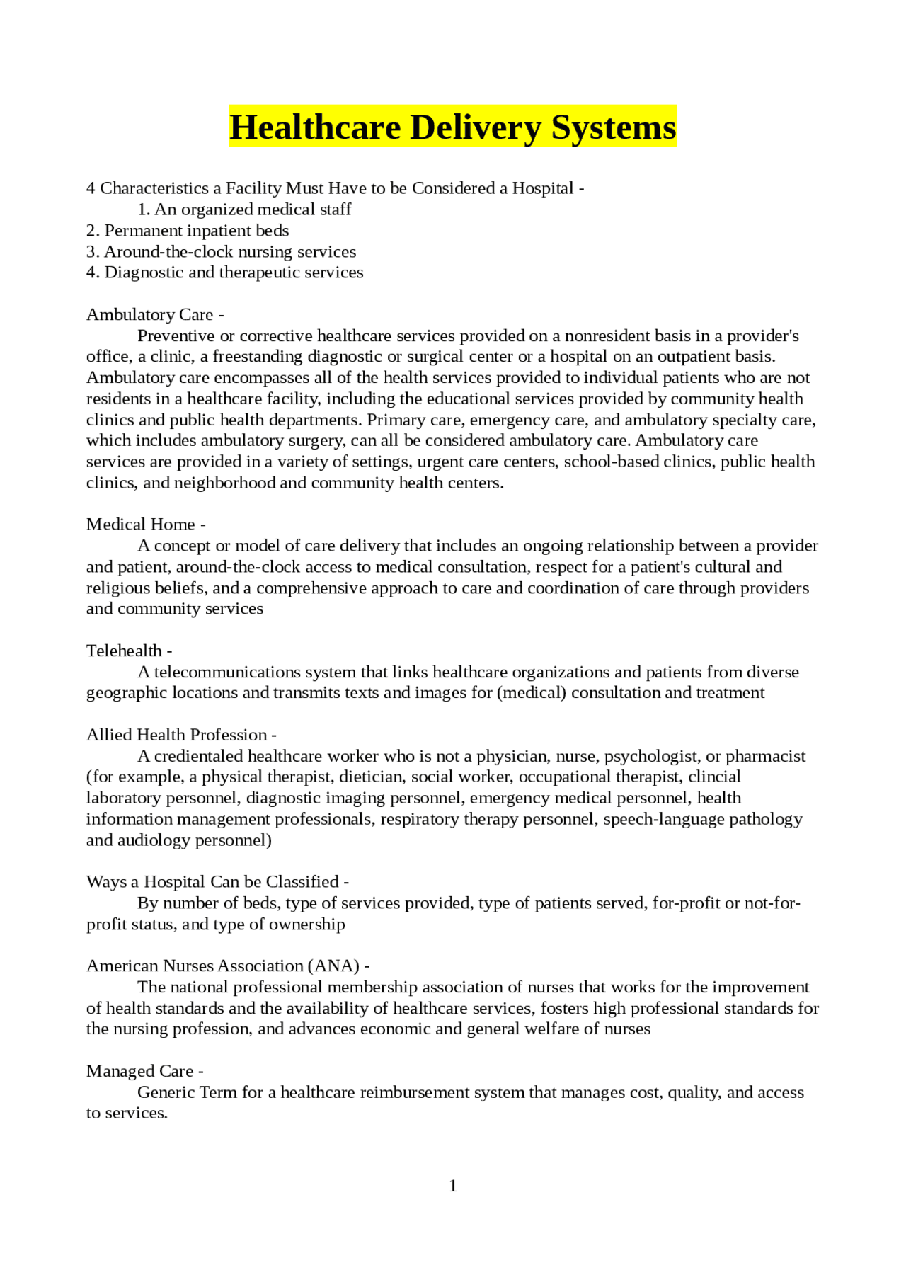 Healthcare Delivery Systems | Exams Nursing | Docsity
