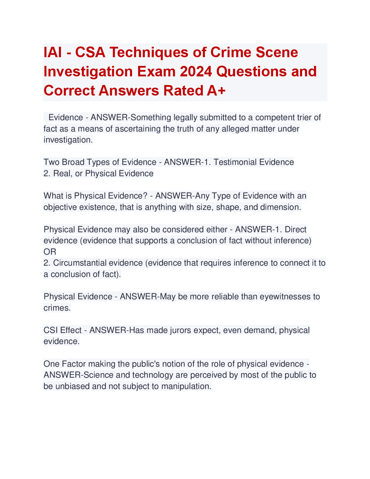 IAI - CSA Techniques of Crime Scene Investigation Exam 2024 Questions and Correct Answer | Exams ...