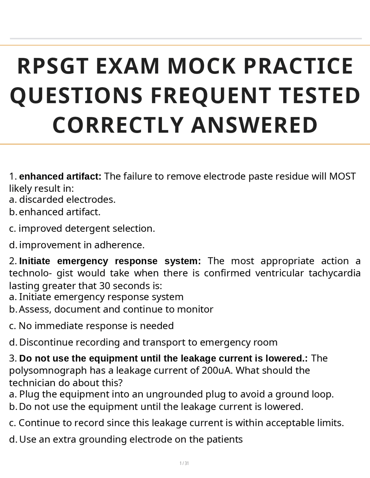 RPSGT EXAM MOCK PRACTICE QUESTIONS FREQUENT TESTED CORRECTLY ANSWERED ...