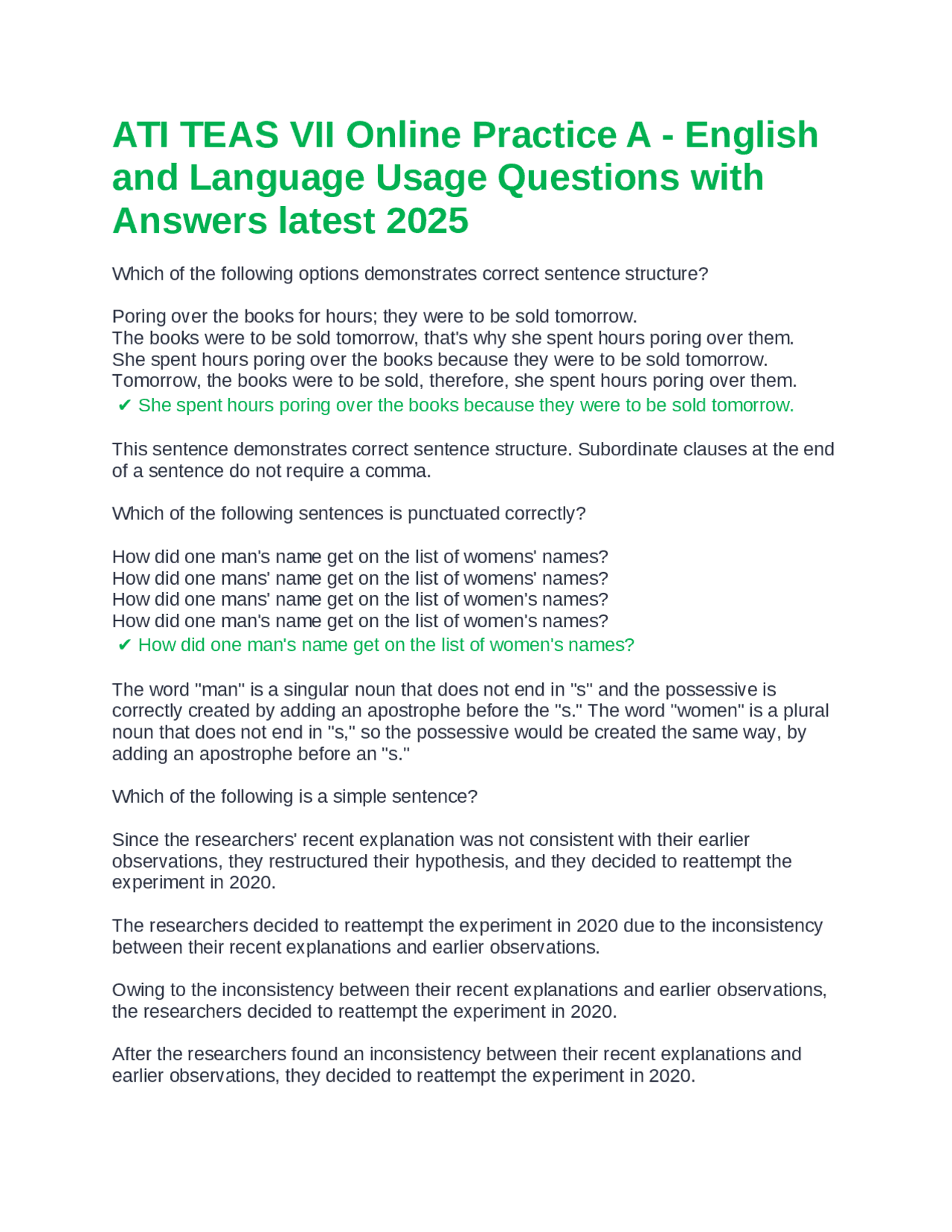 ATI TEAS VII Online Practice A - English and Language Usage Questions ...