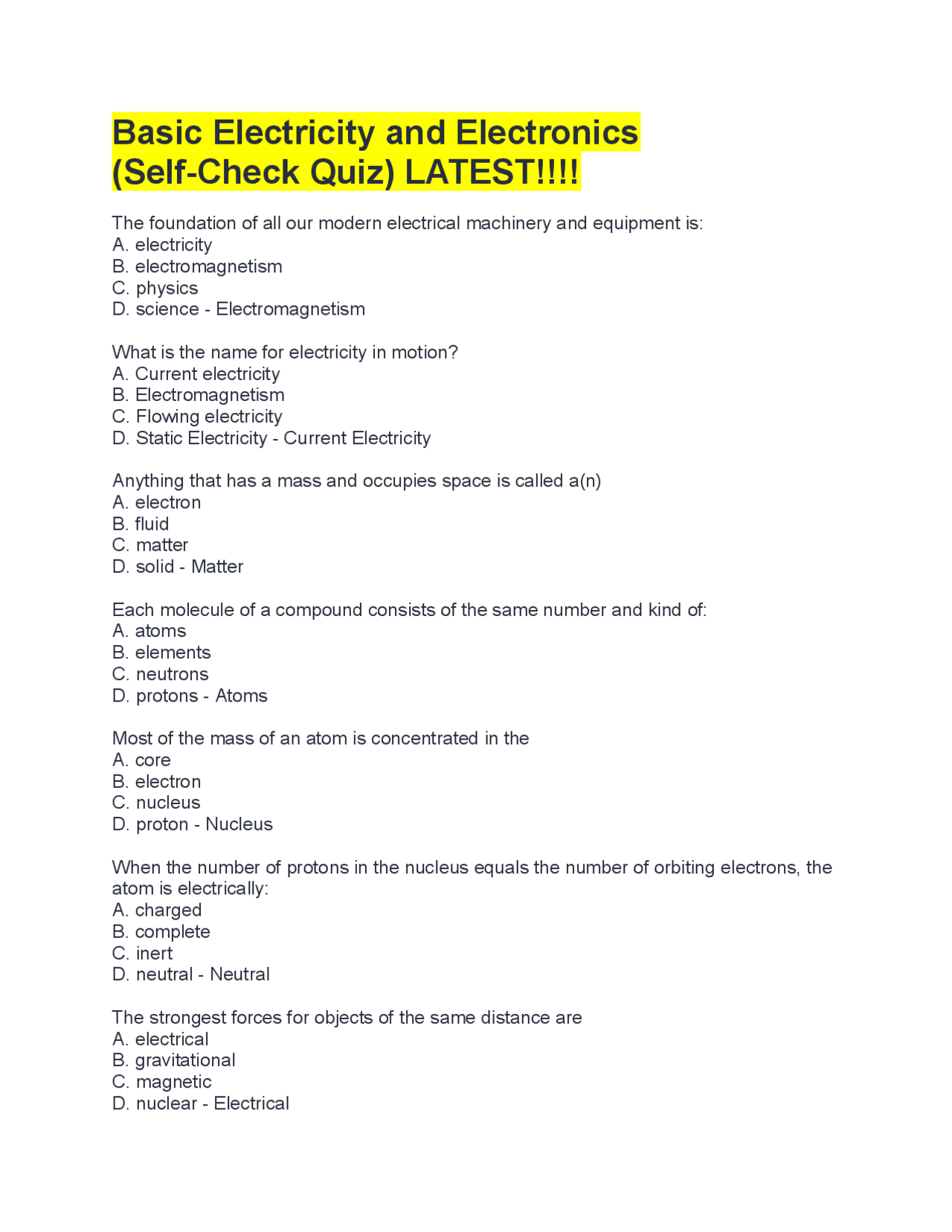 Basic Electricity And Electronics Self Check Quiz Latest Pdf