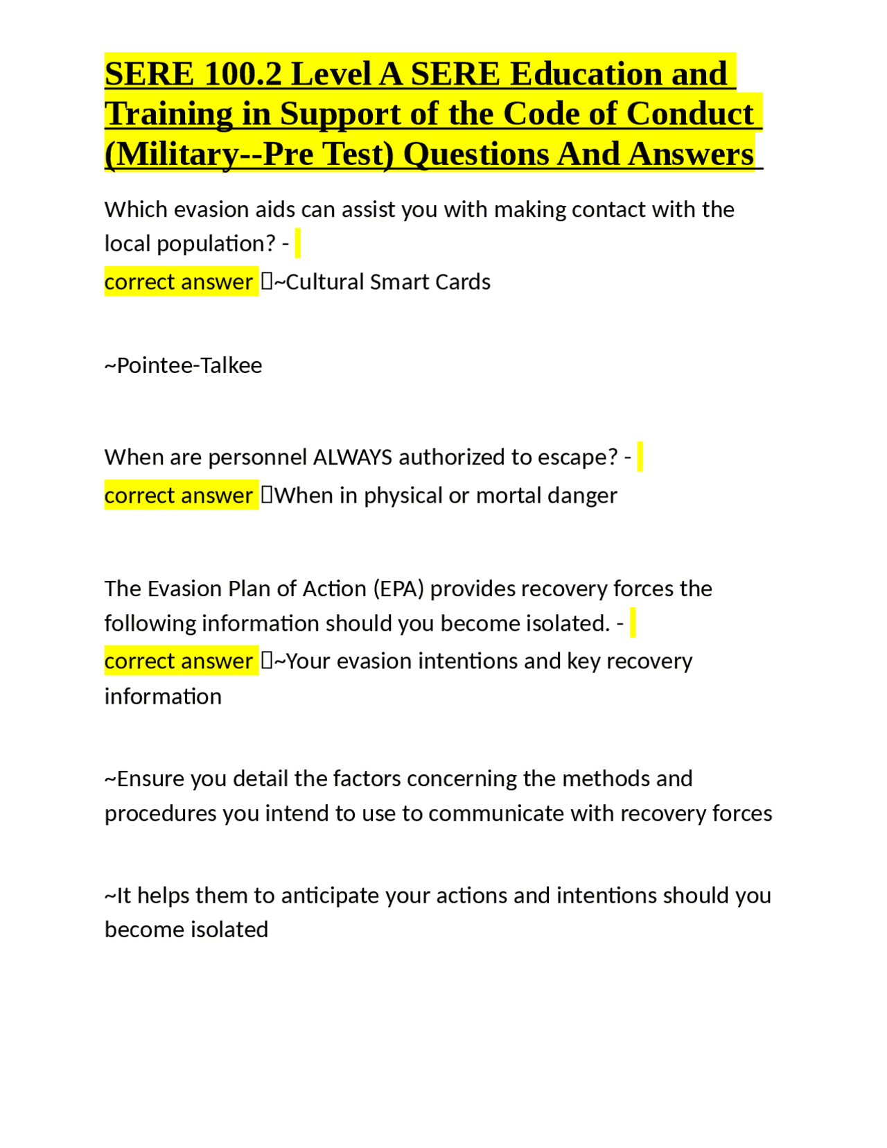 SERE 100.2 Level A SERE Education and Training in Support of the Code ...