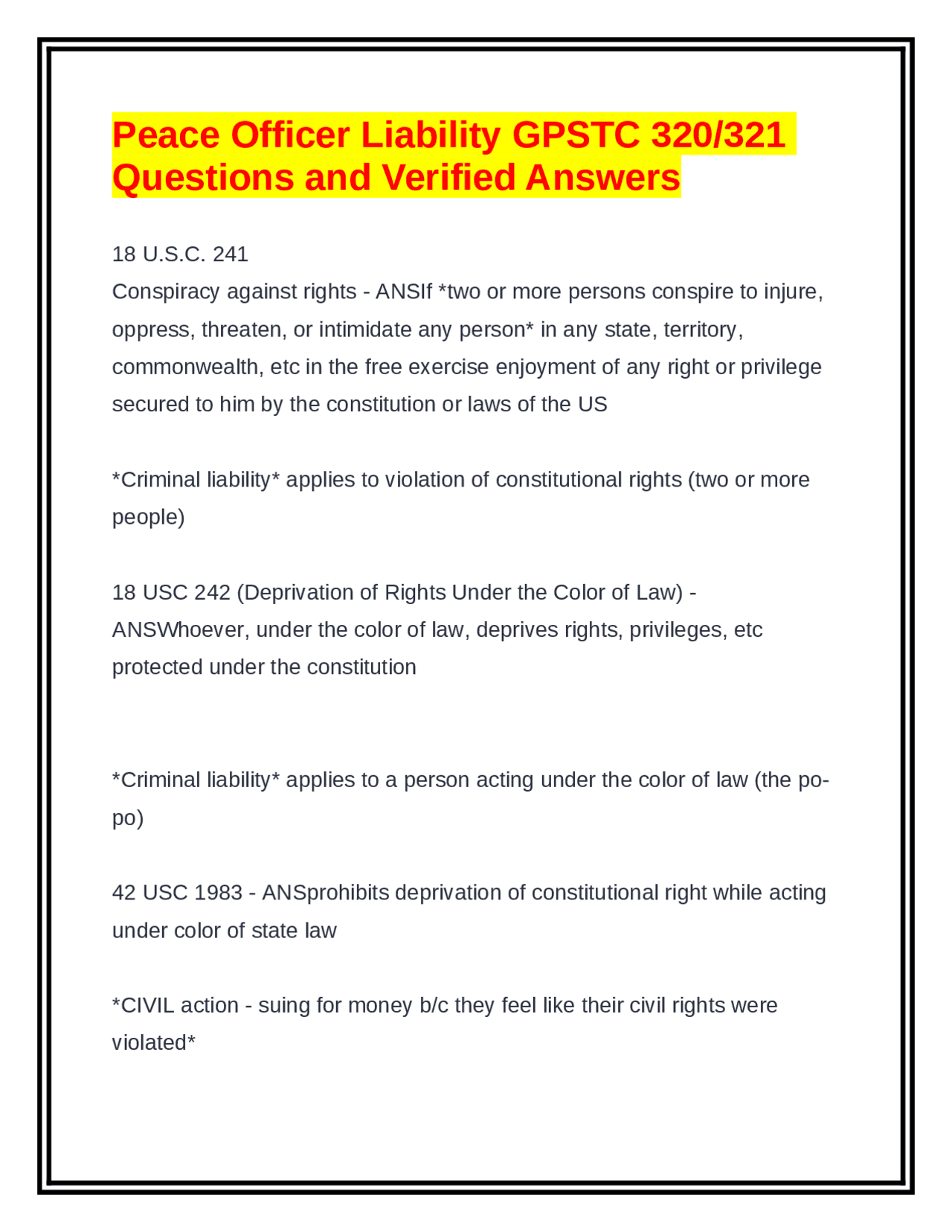 Peace Officer Liability GPSTC 320/321 Questions and Verified Answers ...