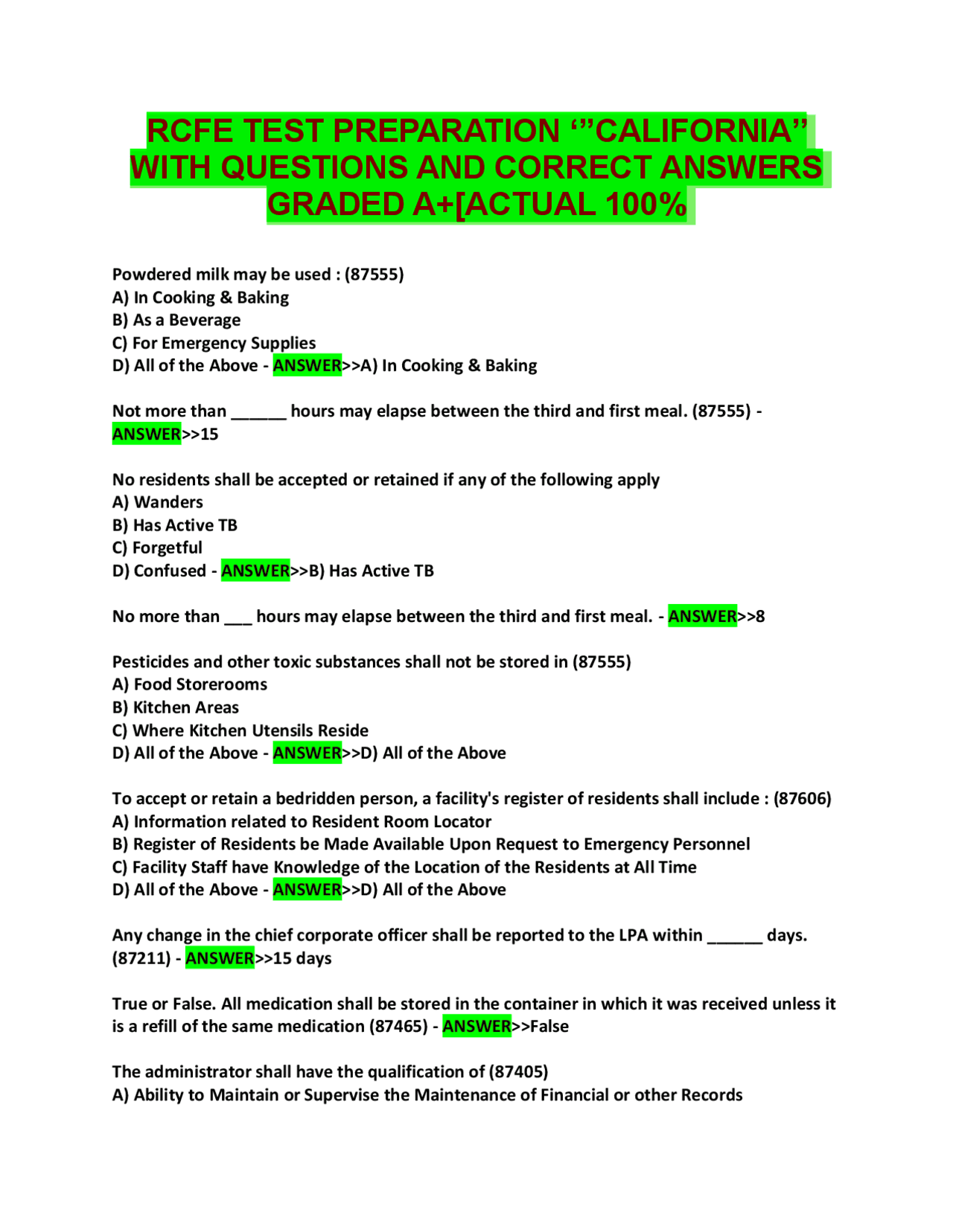 RCFE TEST PREPARATION EXAM QUESTIONS AND WELL DETAILED ANSWERS | Exams ...