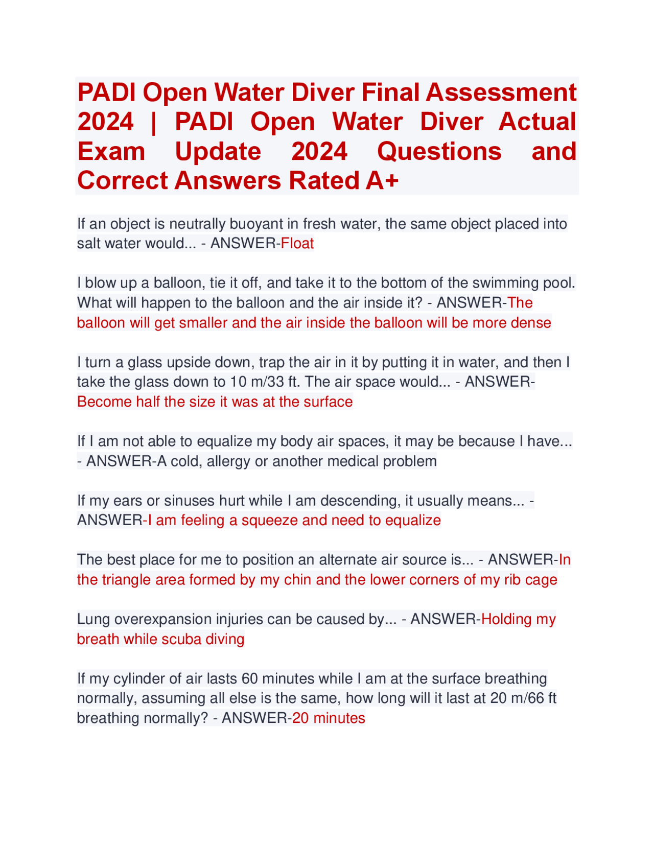 PADI Open Water Diver Final Assessment: Questions and Answers | Exams ...