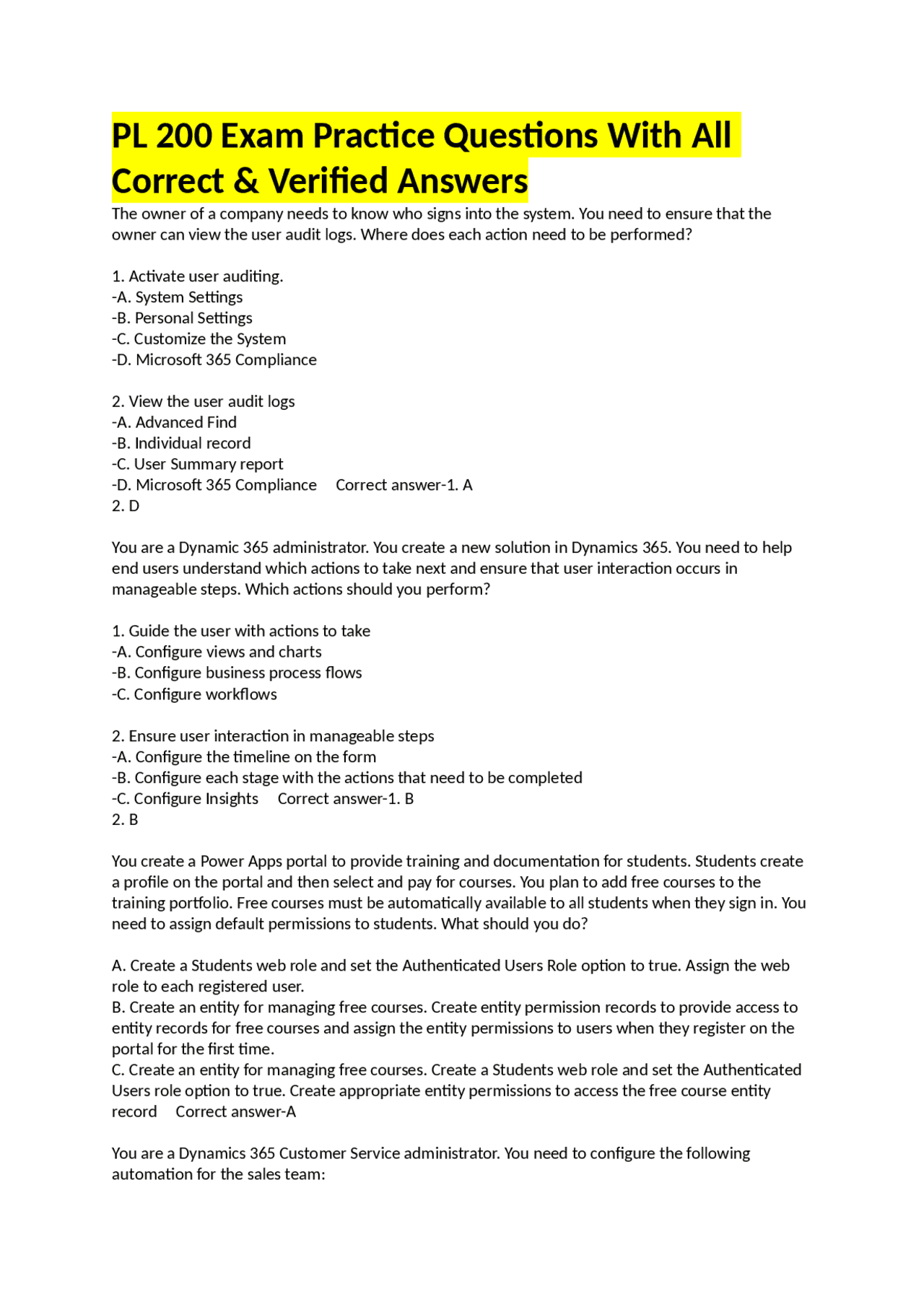 PL 200 Exam Practice Questions With All Correct & Verified Answers ...