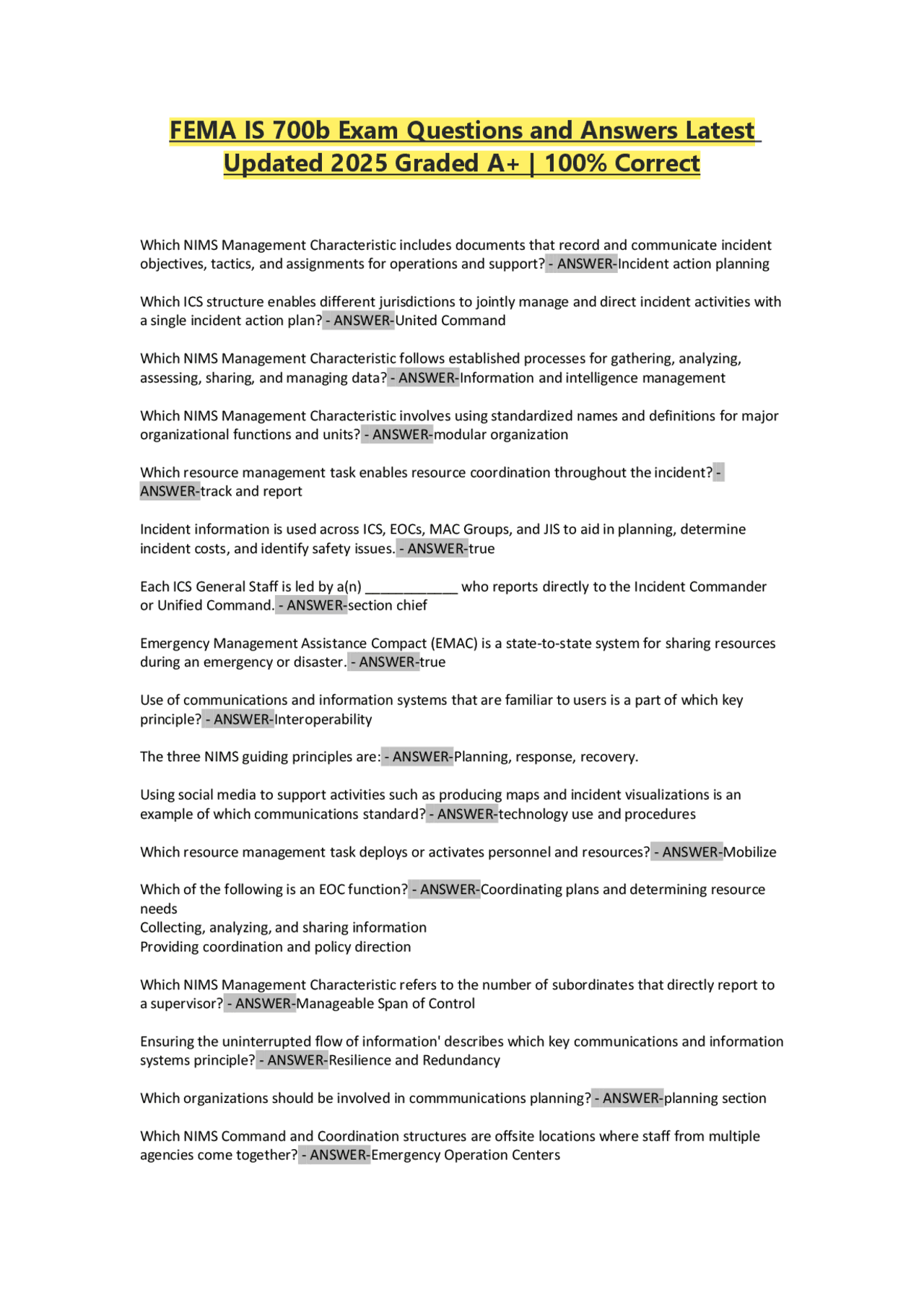 FEMA IS 700b Exam Questions and Answers Latest Updated 2025 Graded A+ ...