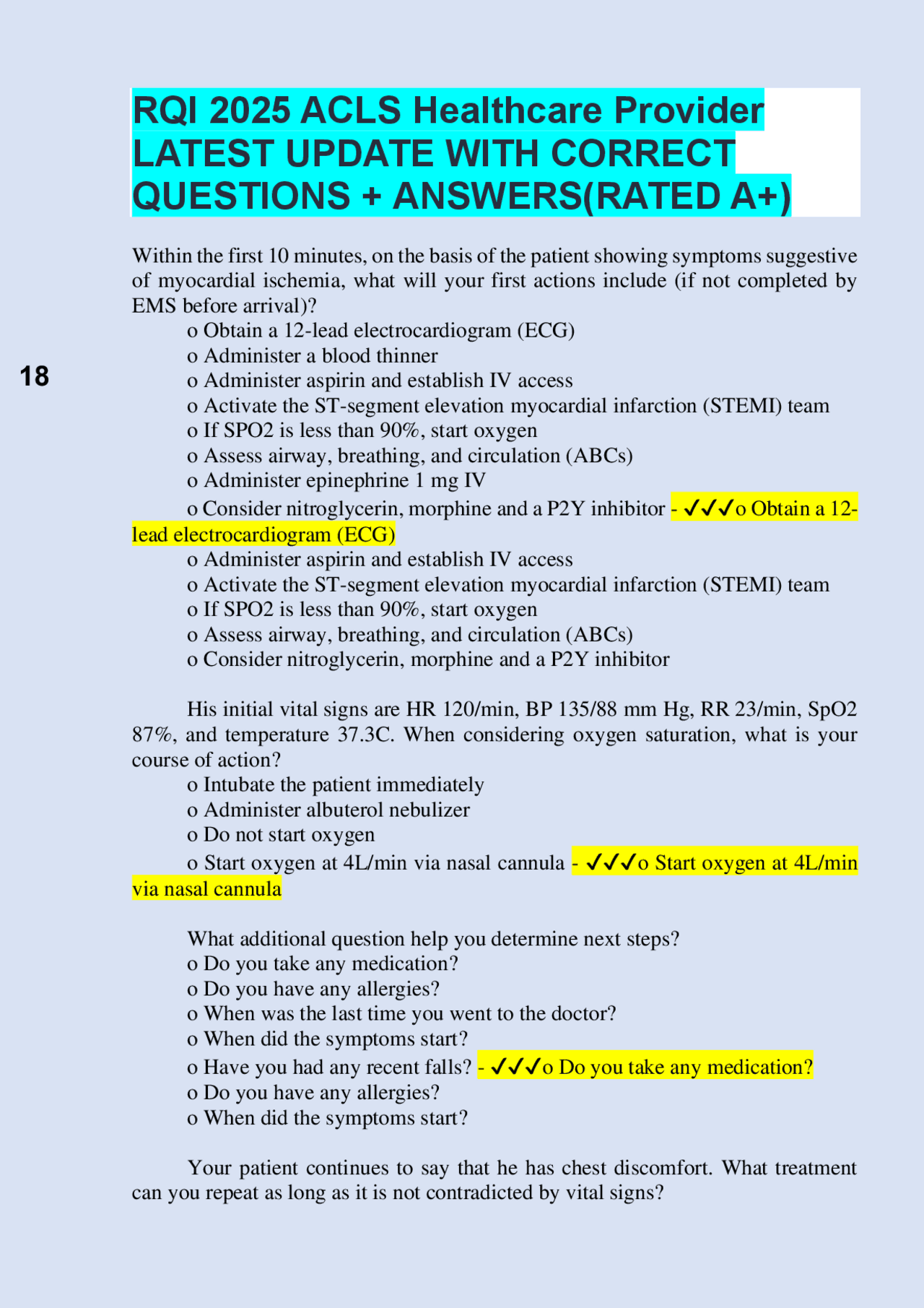 RQI 2025 ACLS Healthcare Provider LATEST UPDATE WITH CORRECT QUESTIONS ...