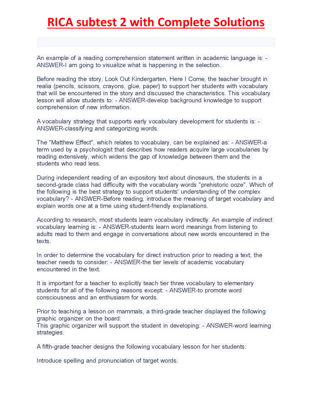 RICA subtest 2 with Complete Solutions | Exams Nursing | Docsity