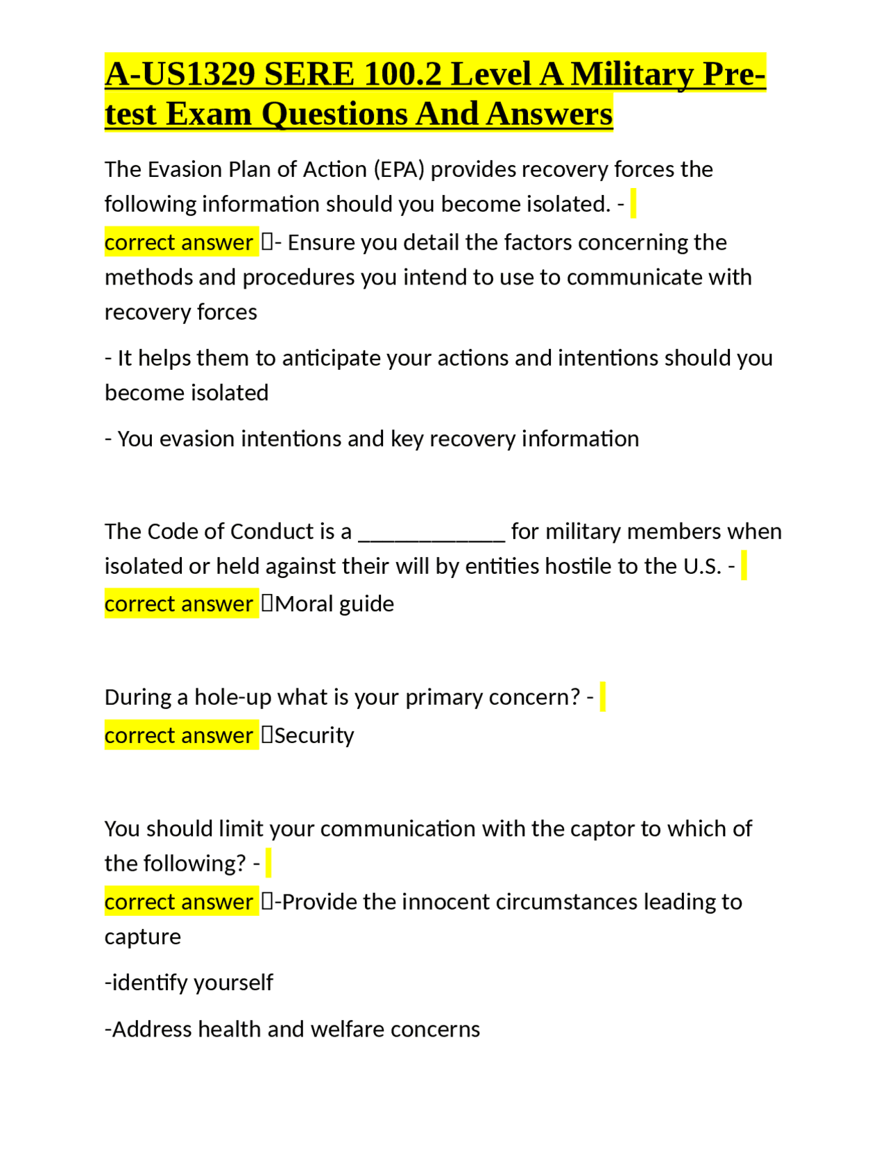 SERE 100.2 Level A Military Pretest Exam Questions and Answers | Exams ...