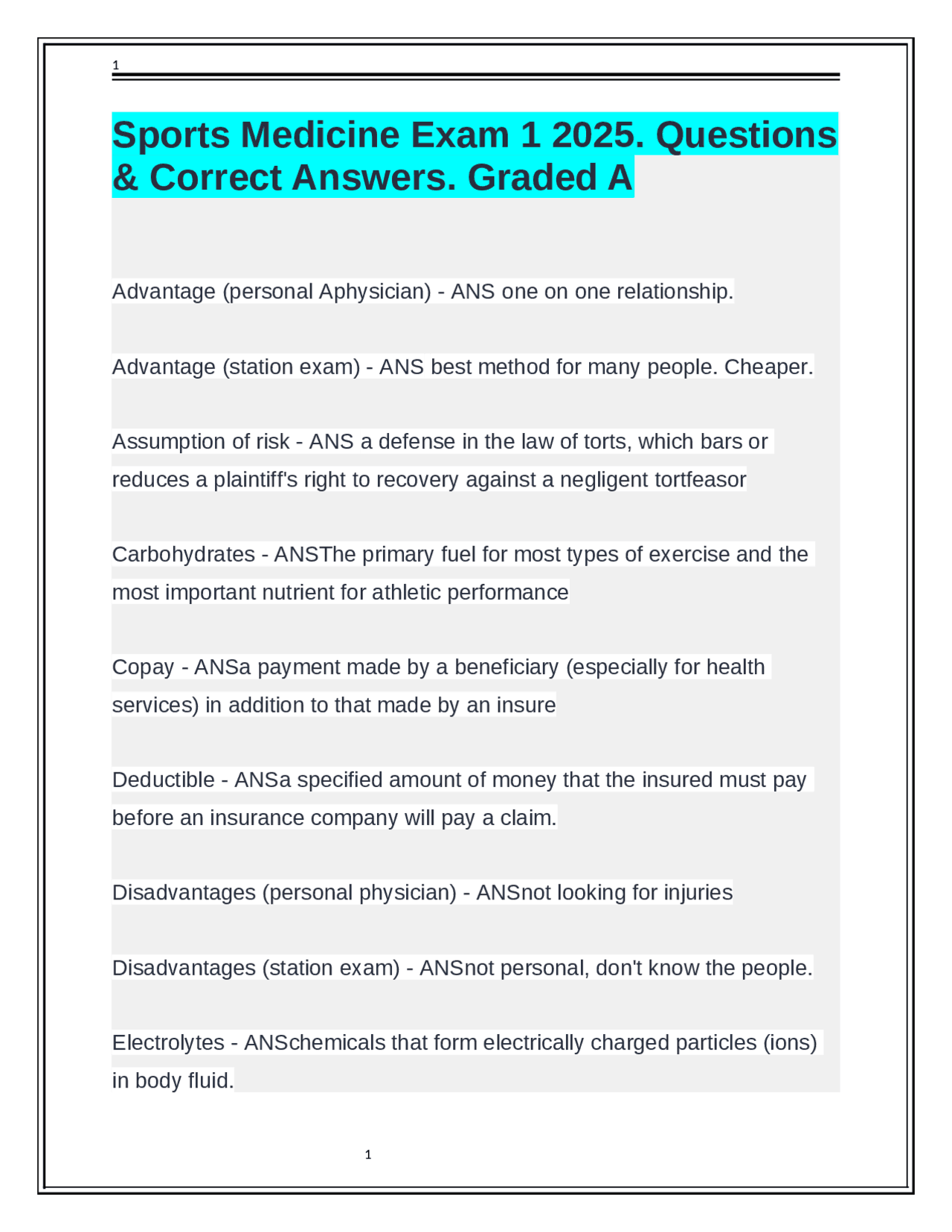 Sports Medicine Exam 1 2025. Questions & Correct Answers. Graded A ...