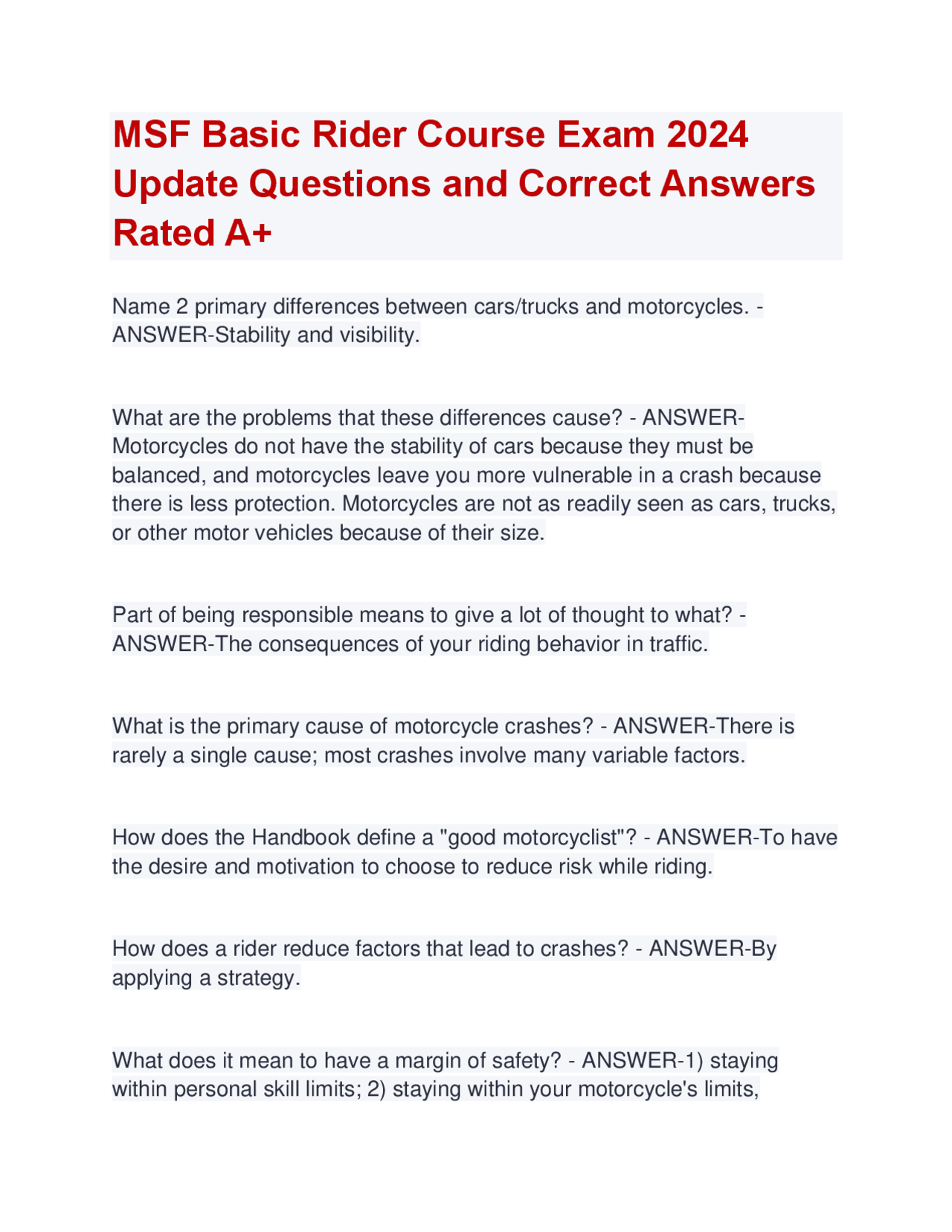 MSF Basic Rider Course Exam 2024 Update Questions and Correct Answers ...