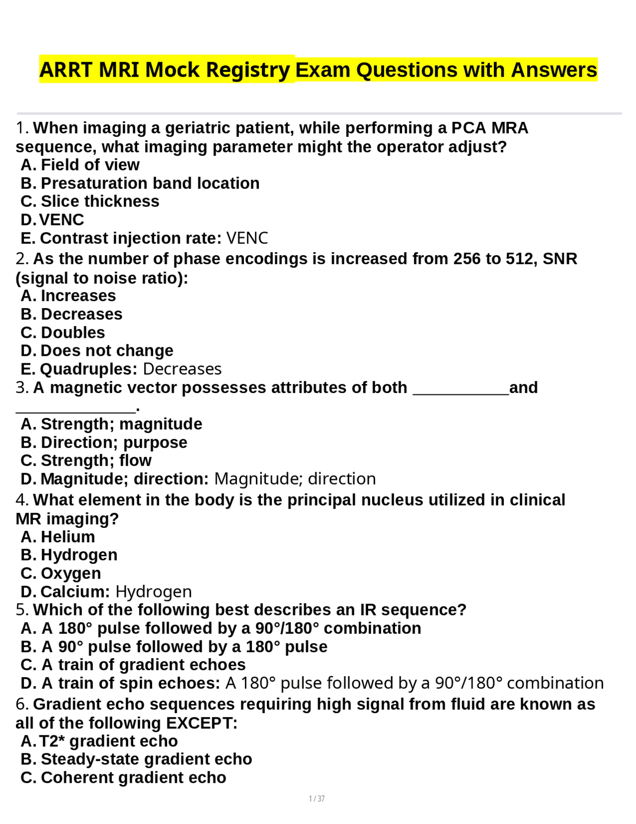 ARRT MRI Mock Registry Exam Questions with Answers | Exams Radiology | Docsity