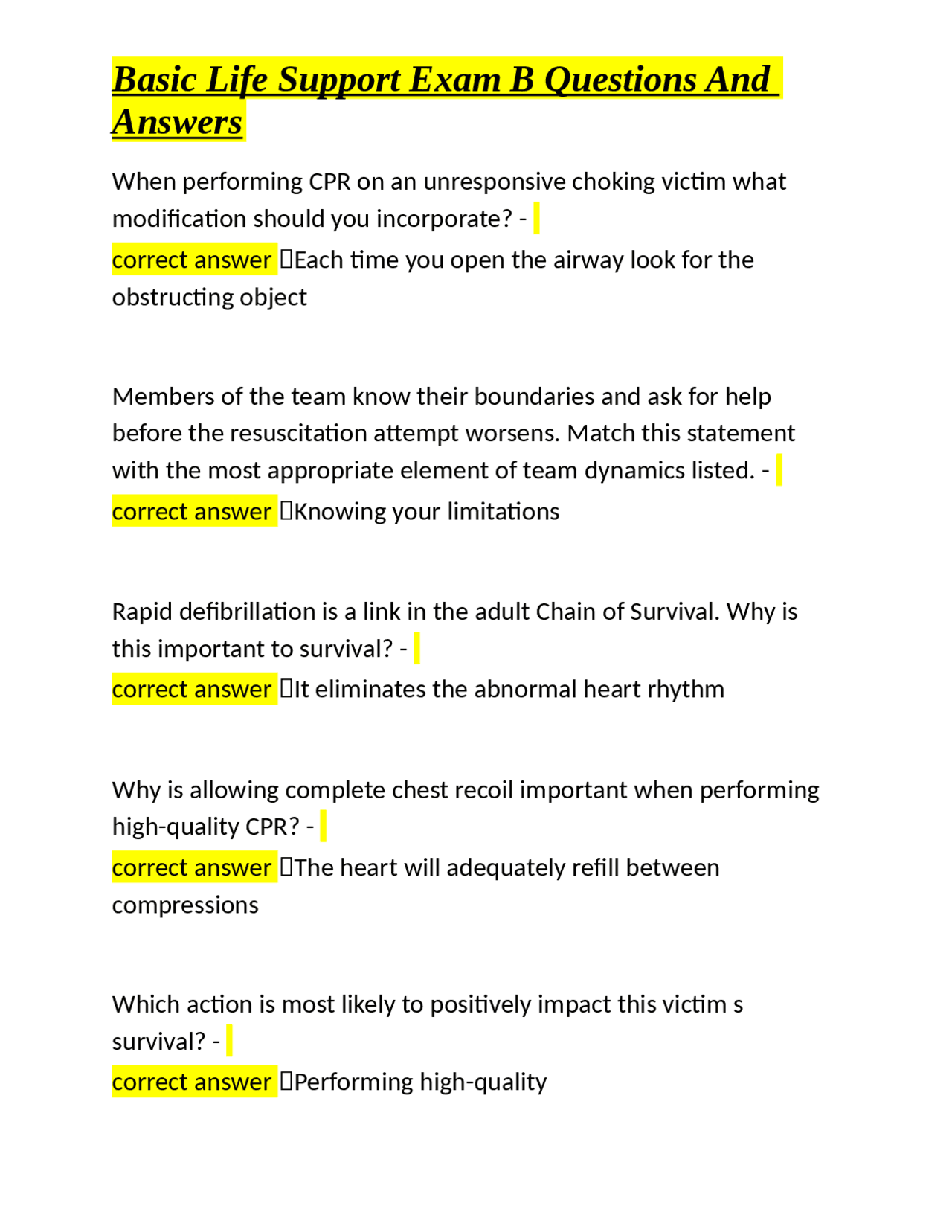 Basic Life Support Exam B Questions And Answers | Exams Life Sciences ...