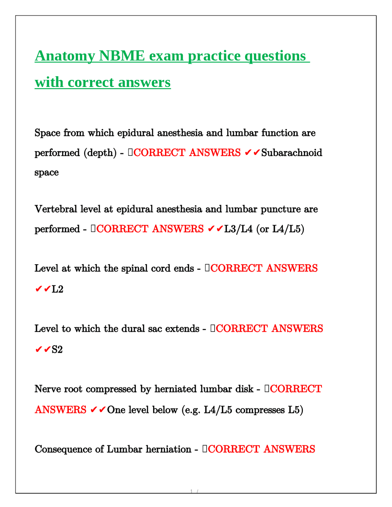 Anatomy NBME exam practice questions with correct answers | Exams ...