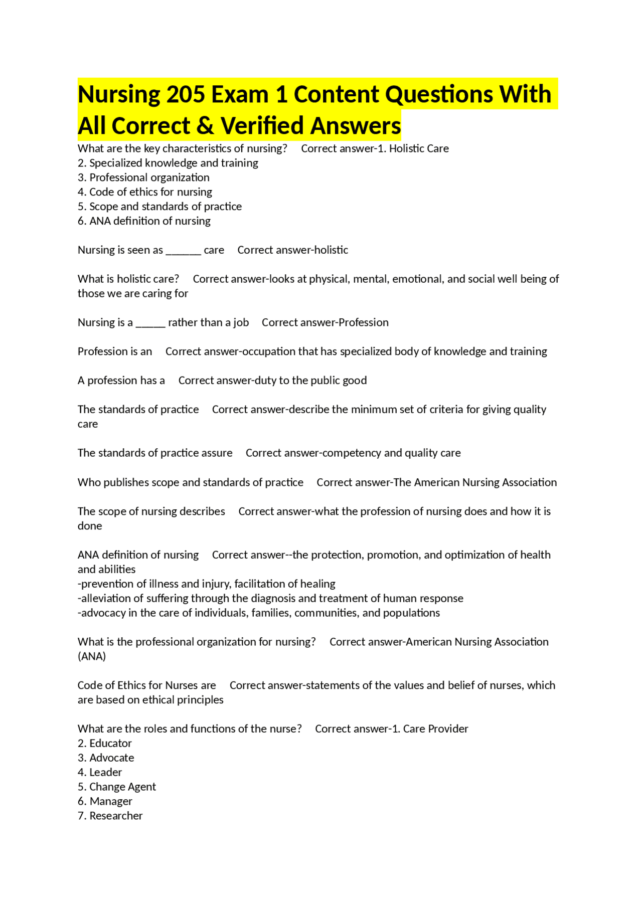Nursing 205 Exam 1: Comprehensive Q&A Review on Key Concepts, Theories ...