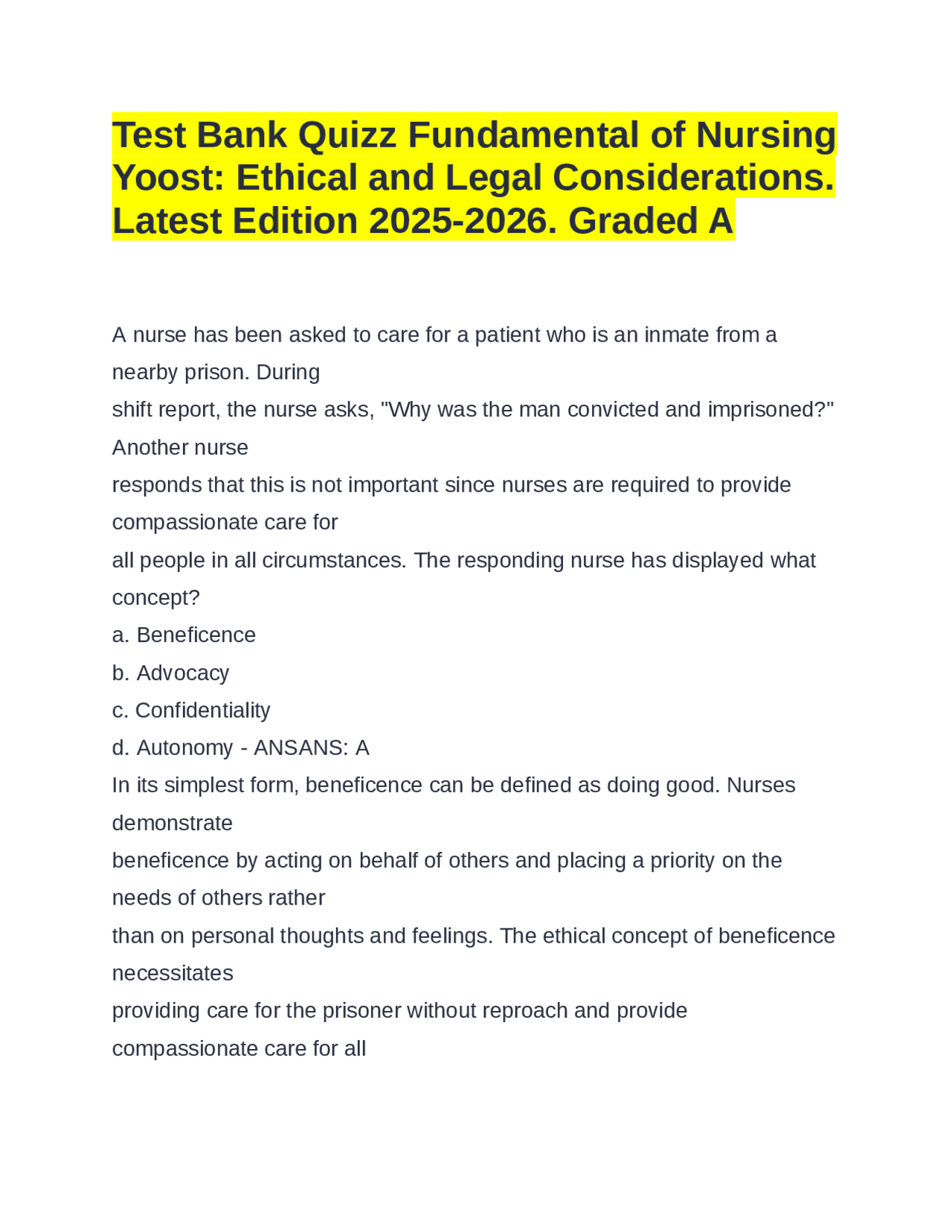Nursing Ethics and Legal Considerations: A Quiz and Answer Key | Exams ...