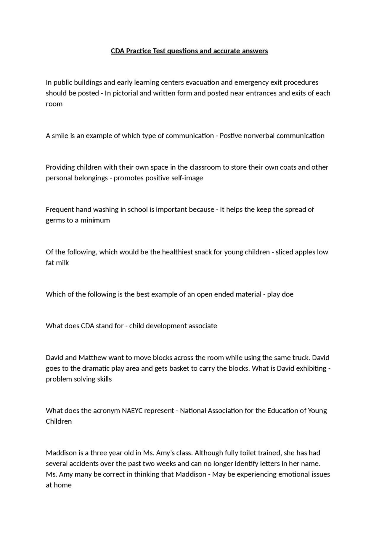 CDA Practice Test Questions and Answers: Early Childhood Education ...