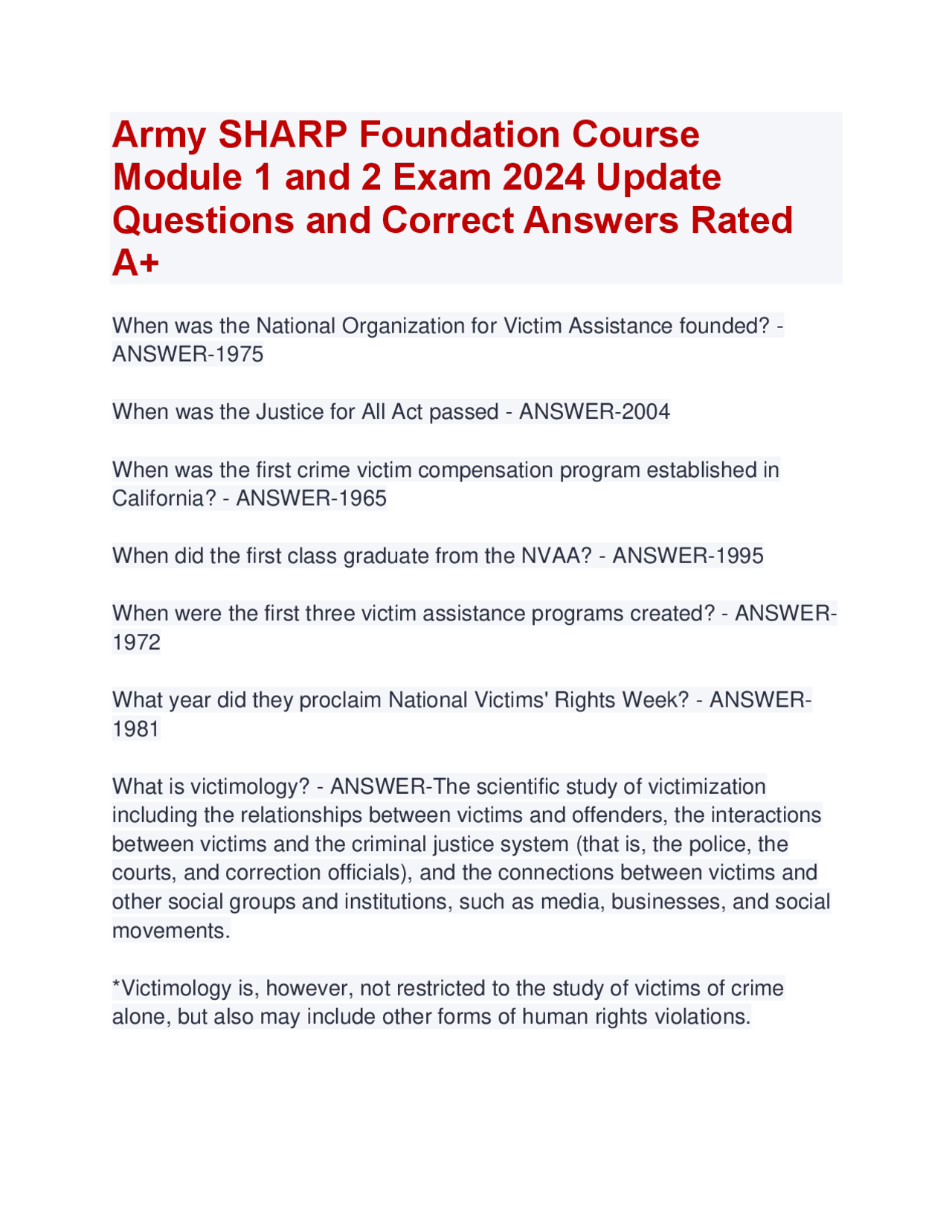Army SHARP Foundation Course Module 1 and 2 Exam 2024 Update Questions ...