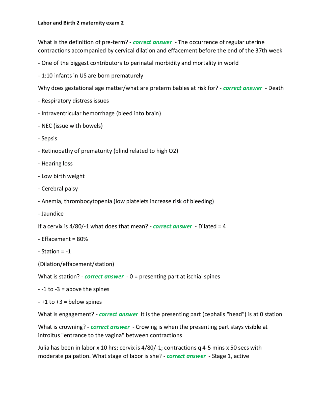 Maternity Exam 2: Labor and Birth Processes | Exams Nursing | Docsity