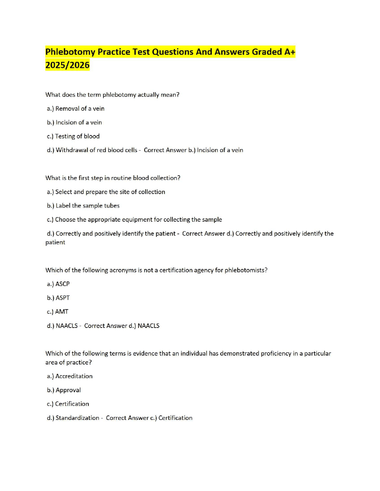 Phlebotomy Practice Test Questions And Answers Graded A+ 2025/2026 ...