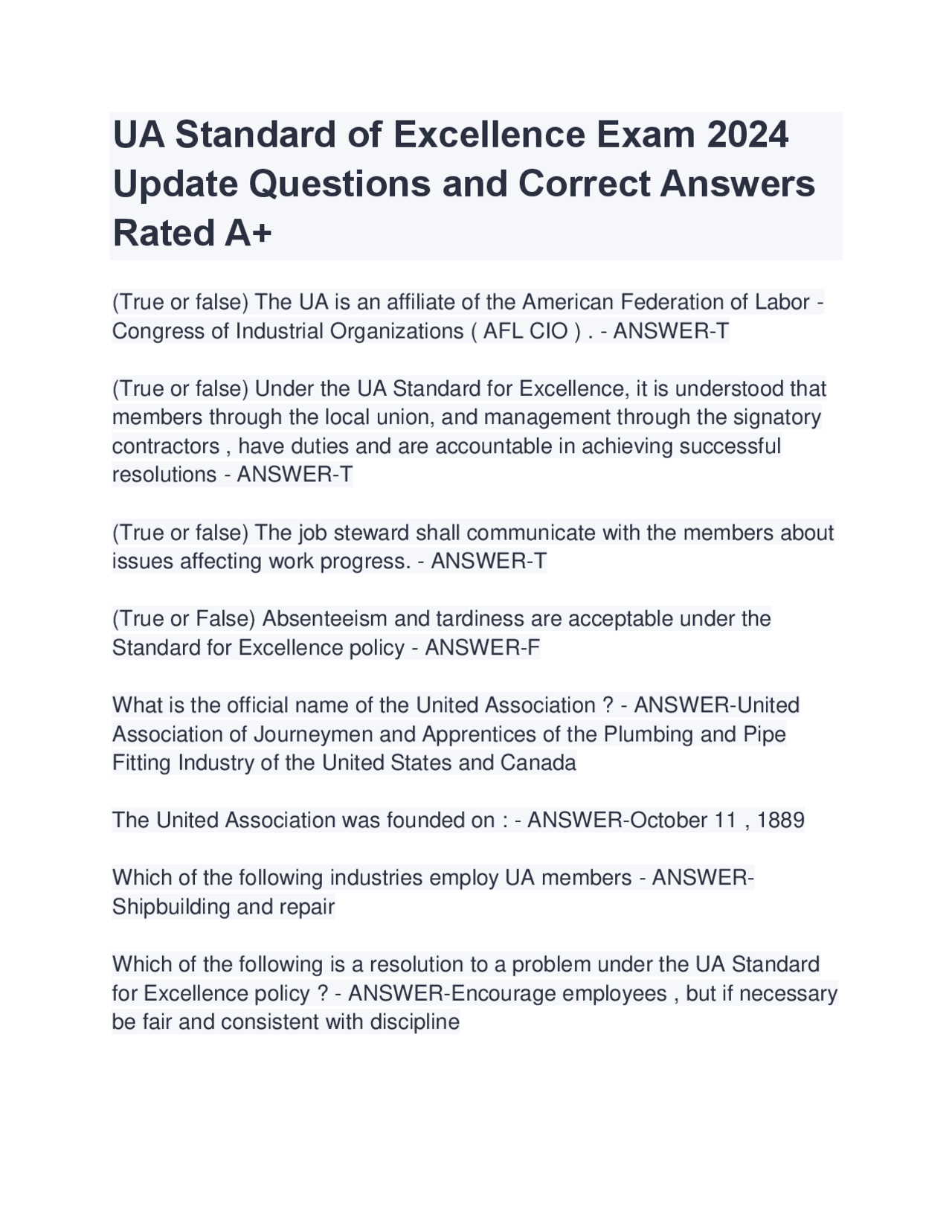 UA Standard of Excellence Exam 2024 Update Questions and Correct ...