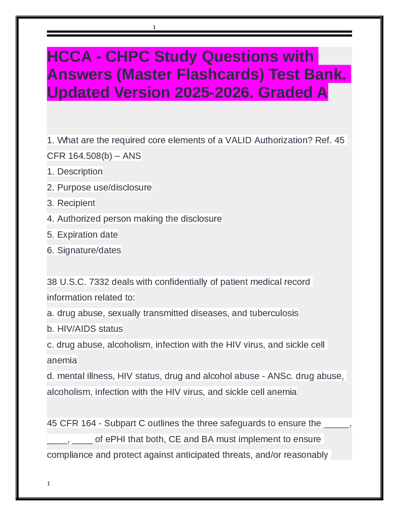HCCA - CHPC Study Questions with Answers (Master Flashcards) Test Bank ...
