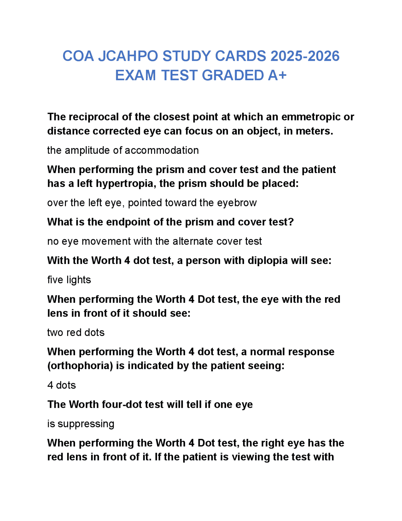 COA JCAHPO STUDY CARDS 2025-2026 EXAM TEST GRADED A+ | Exams ...