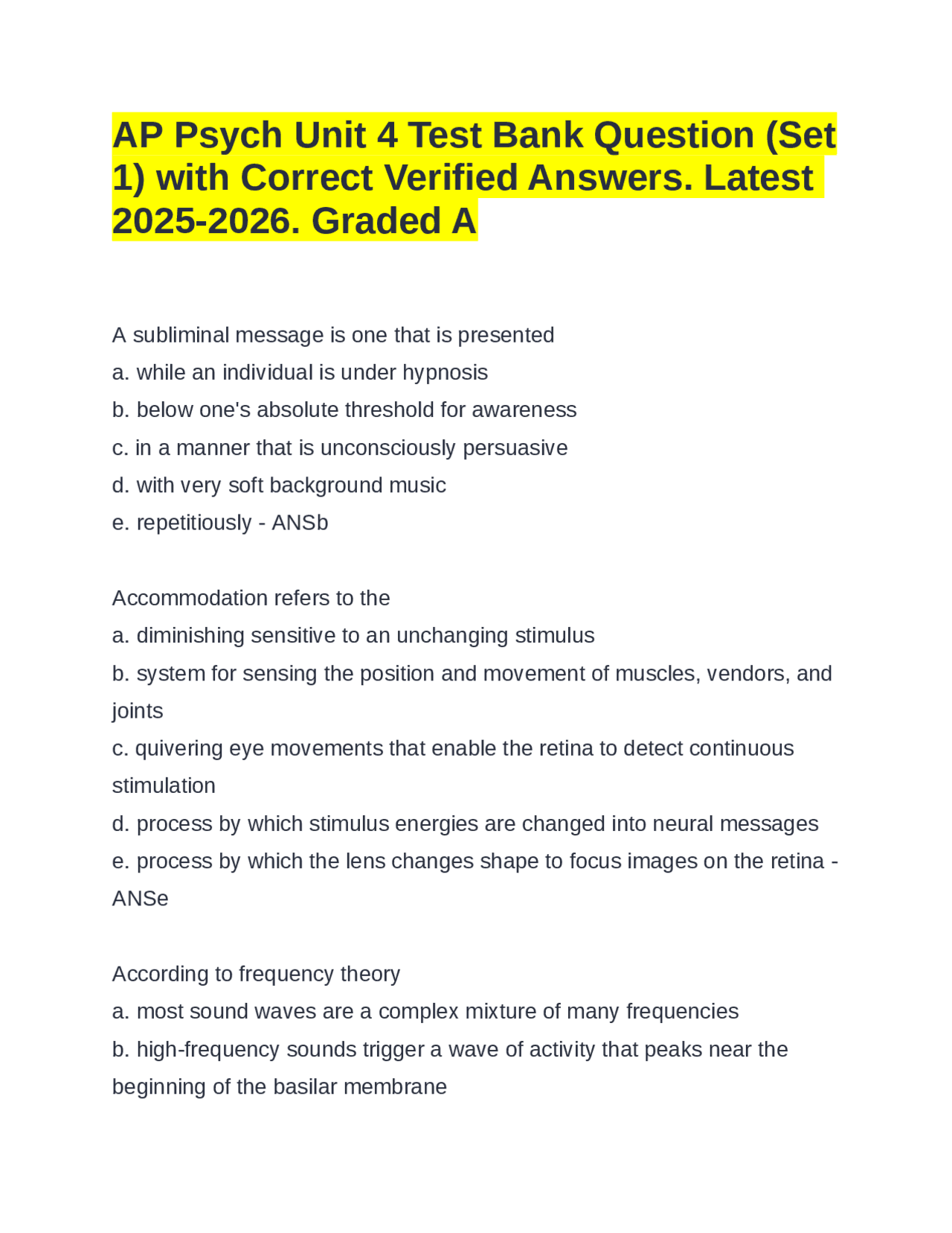 AP Psychology Unit 4 Test Bank: Sensation and Perception | Exams ...