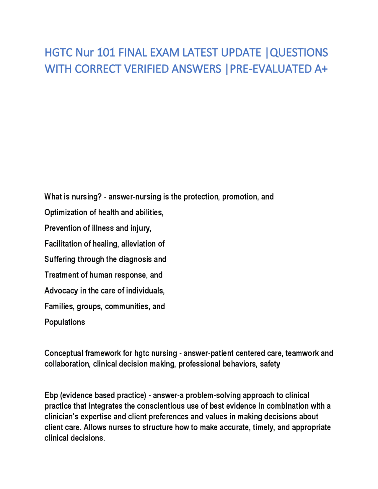 HGTC Nur 101 FINAL EXAM LATEST UPDATE |QUESTIONS WITH CORRECT VERIFIED ...