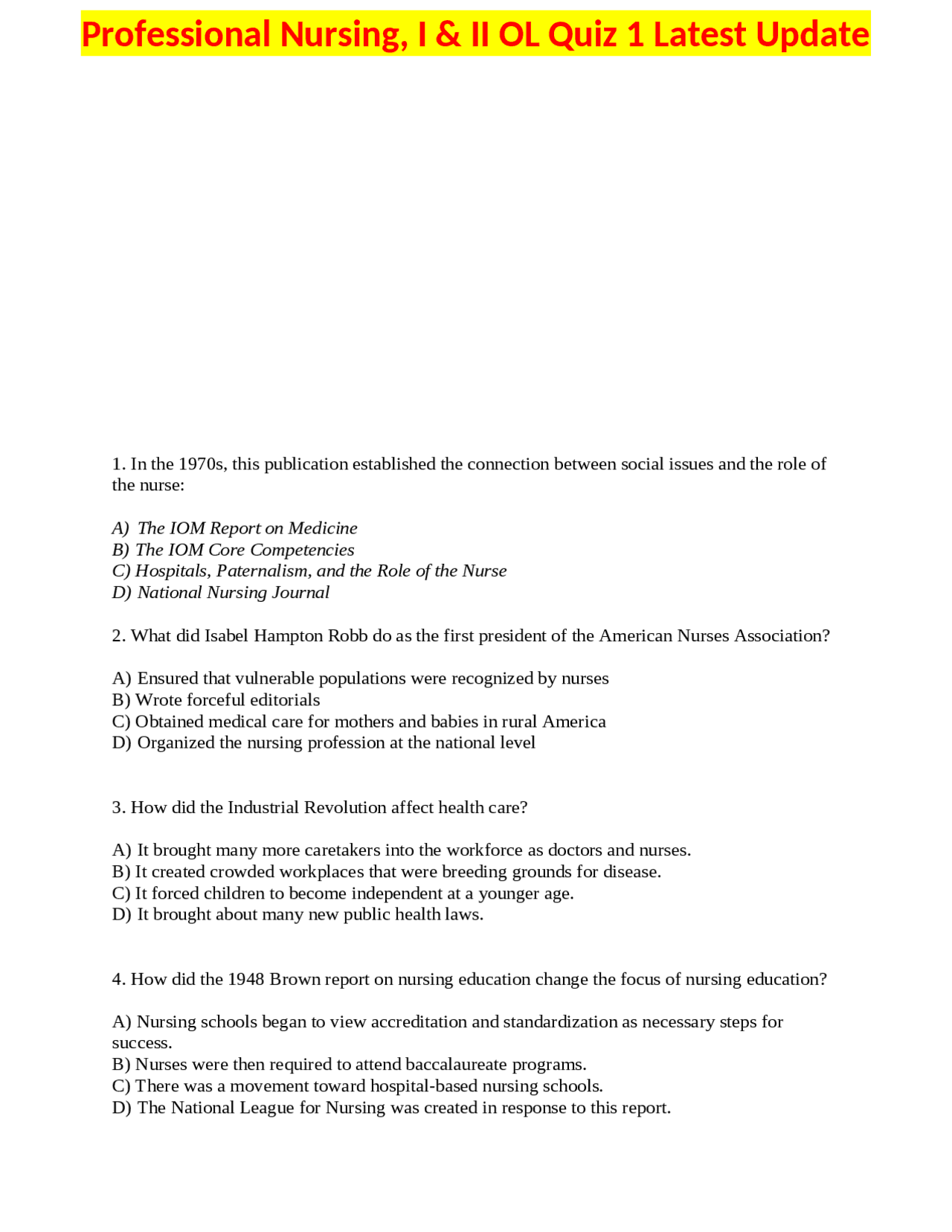 Professional Nursing Quiz: Multiple Choice Questions on History ...