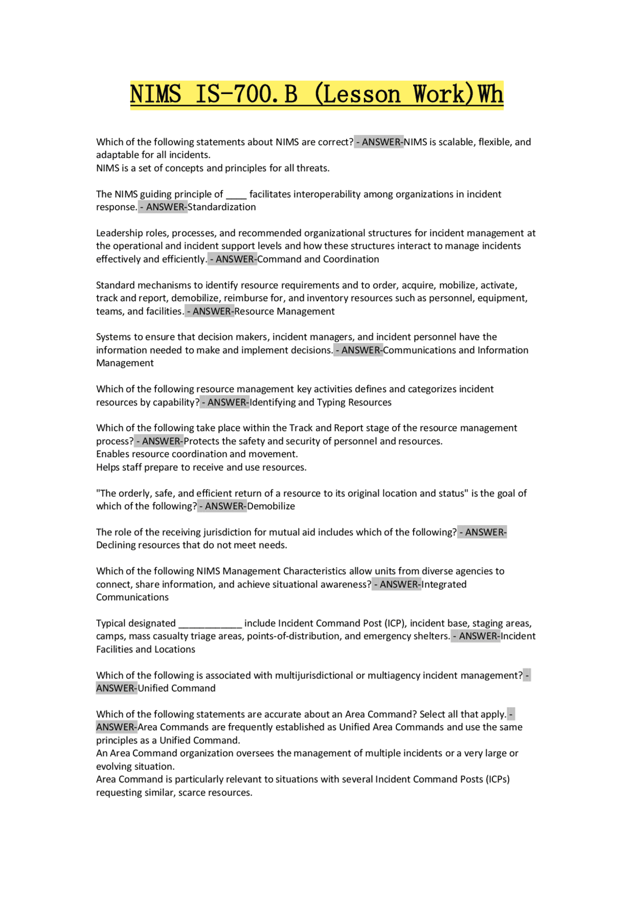 NIMS IS-700.B (Lesson Work)Wh Questions& Answers | Exams Social ...