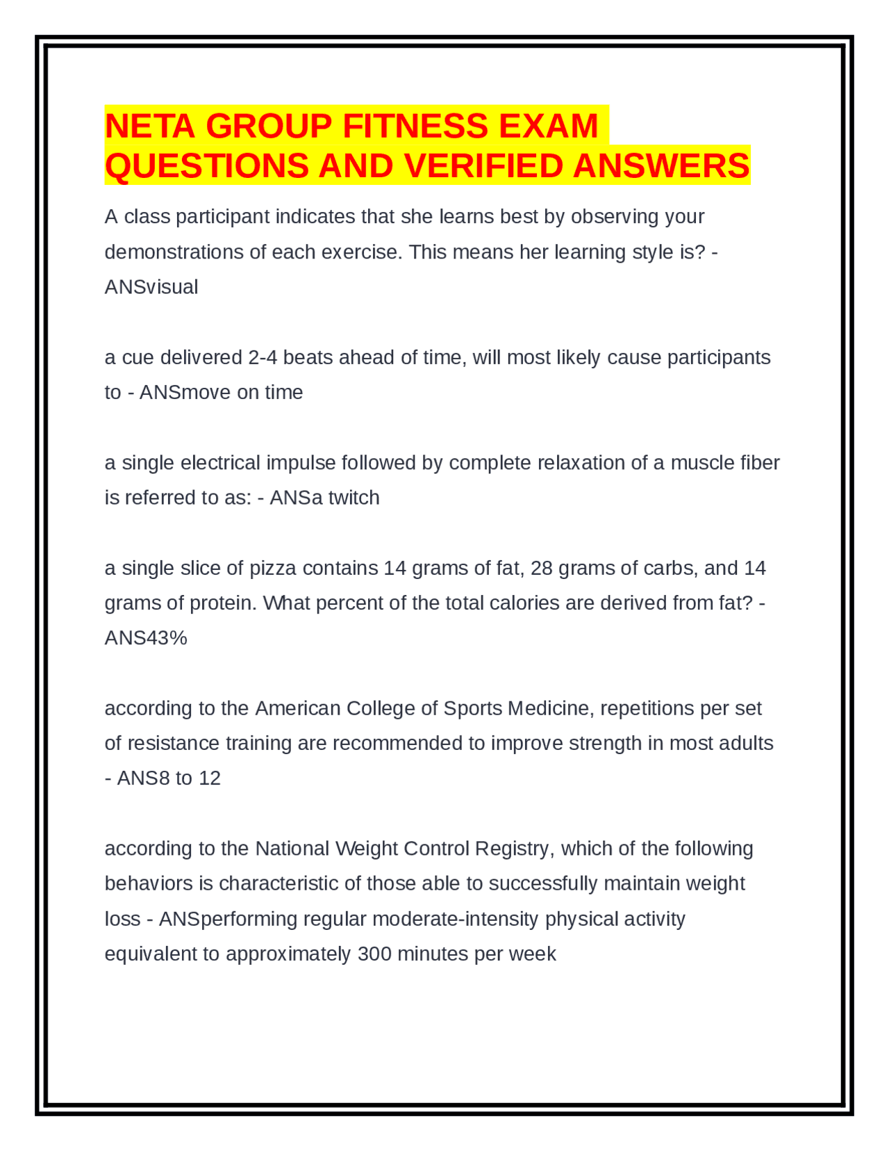 NETA Group Fitness Exam Questions and Answers | Exams Physical Activity ...