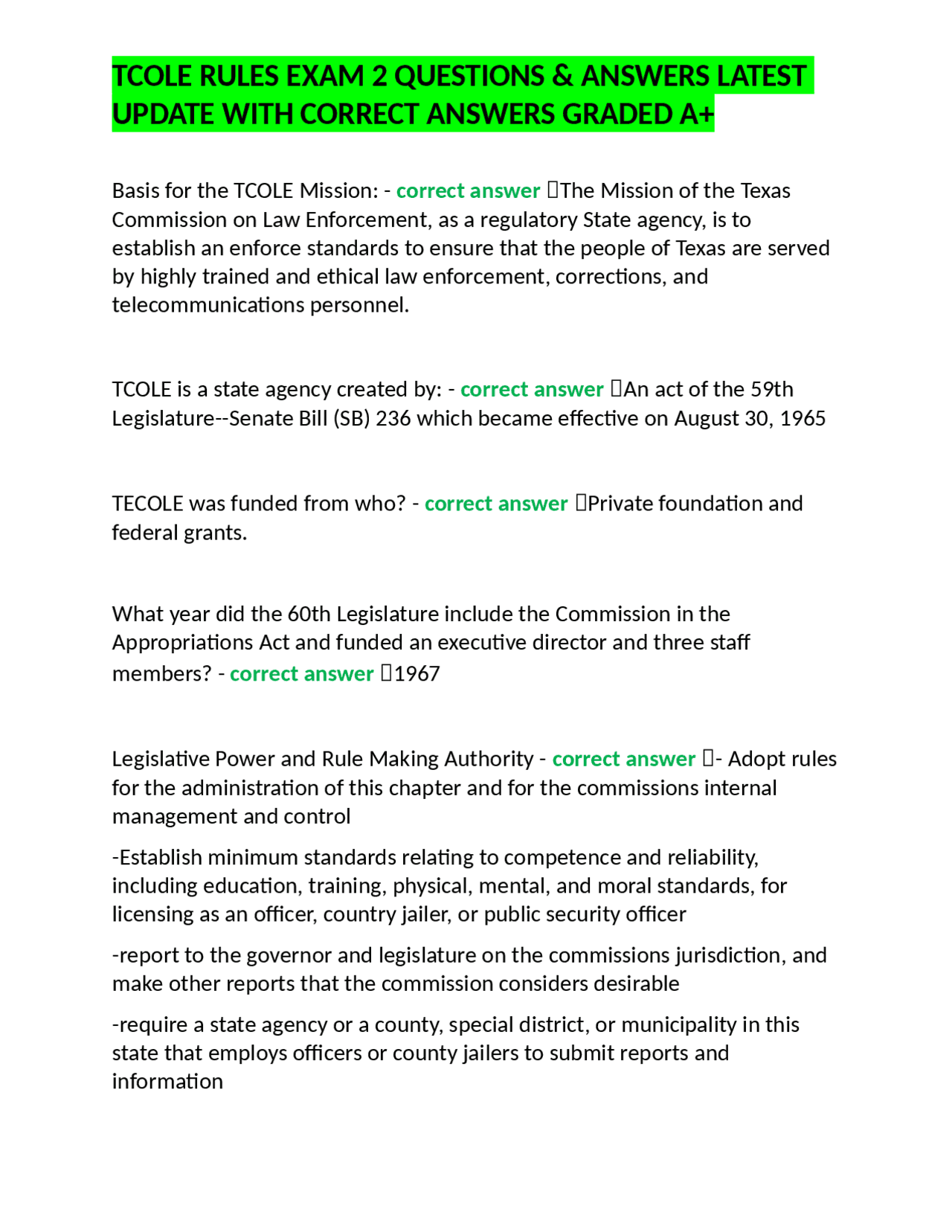 TCOLE Rules Exam Questions and Answers | Exams Nursing | Docsity