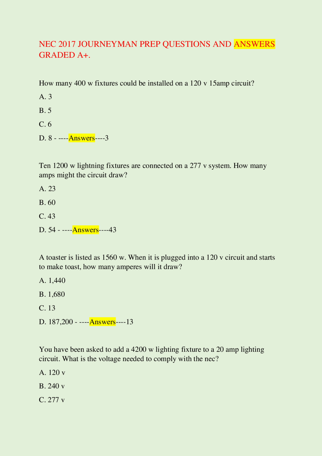 NEC 2017 JOURNEYMAN PREP QUESTIONS AND ANSWERS GRADED A+. | Exams Engineering | Docsity