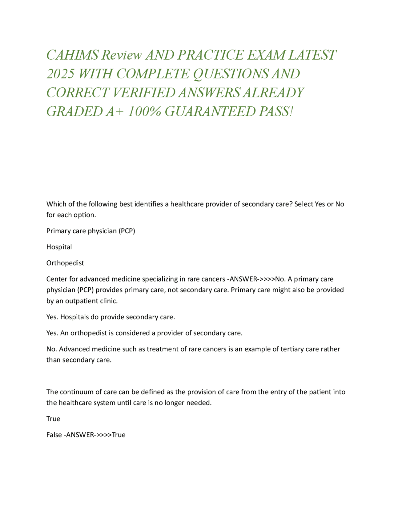 CAHIMS Review AND PRACTICE EXAM LATEST 2025 WITH COMPLETE QUESTIONS AND ...
