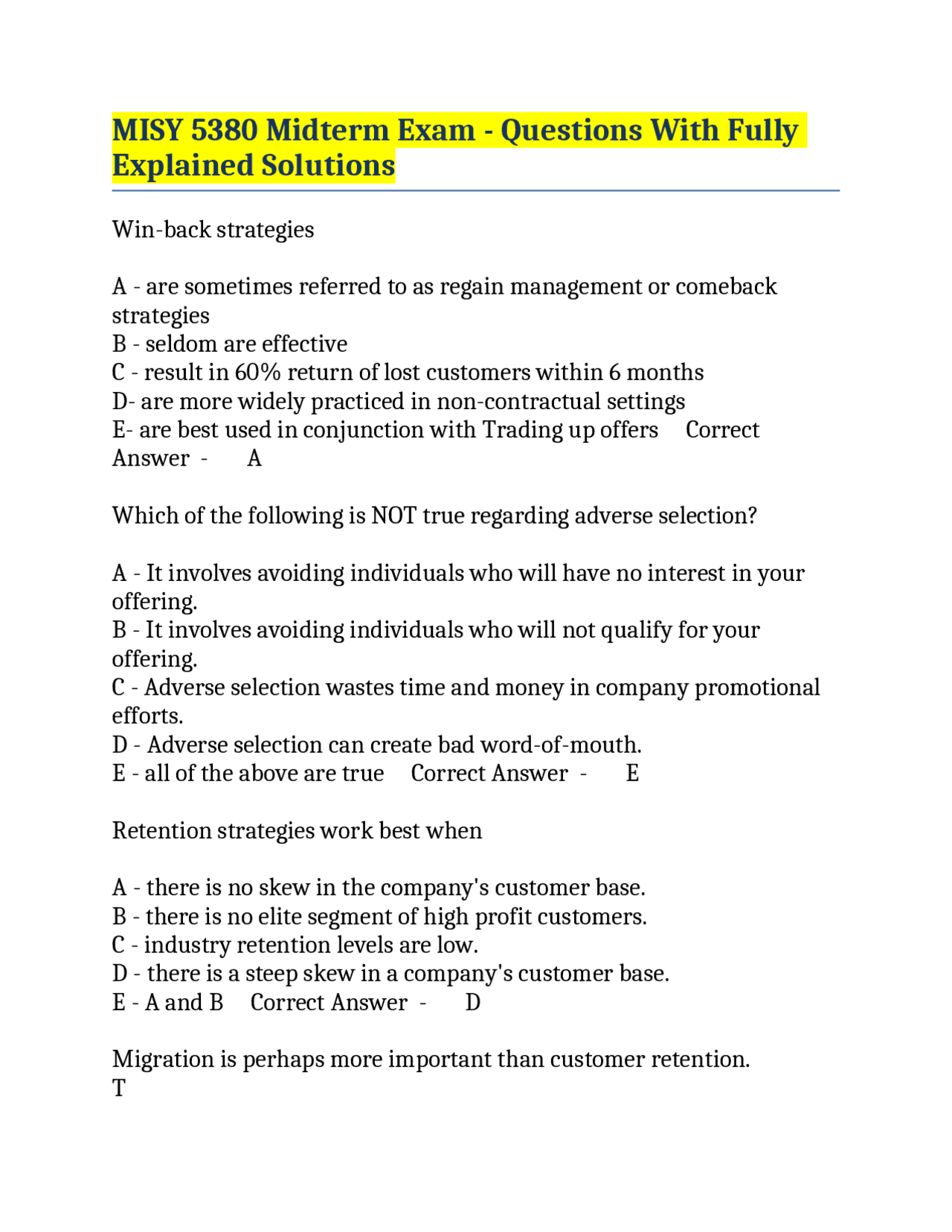 MISY 5380 Midterm Exam: Customer Relationship Management (CRM ...