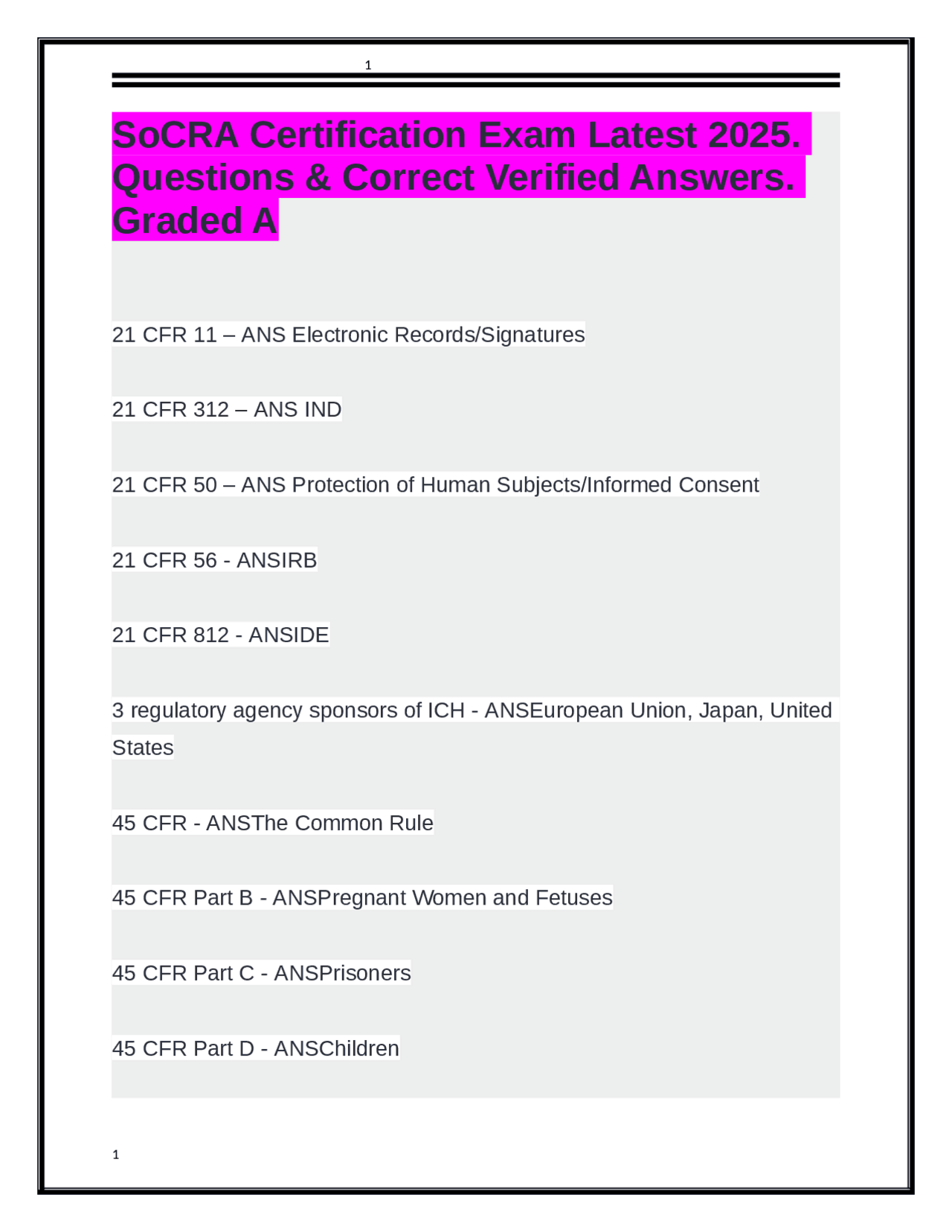 SoCRA Certification Exam Latest 2025. Questions & Correct Verified ...