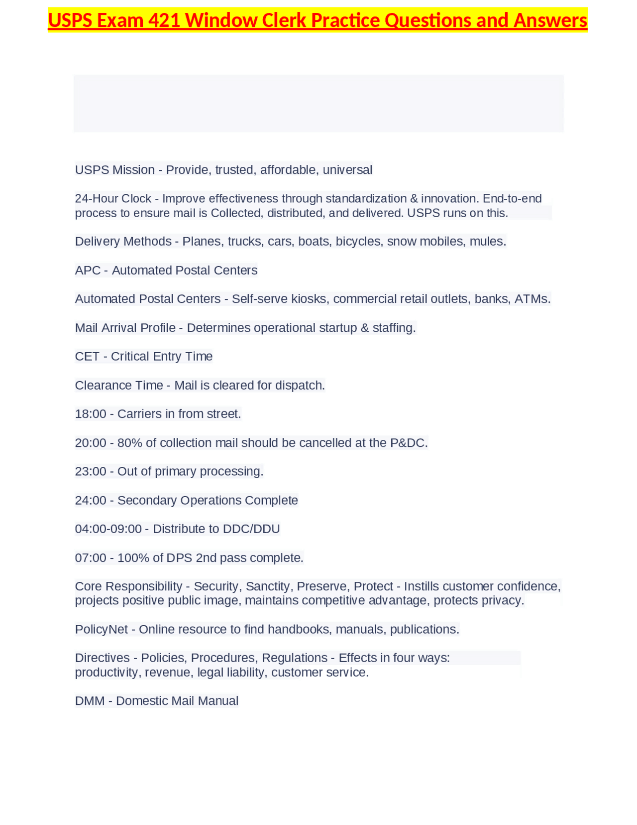 USPS Exam 421 Window Clerk Practice Questions and Answers | Exams ...